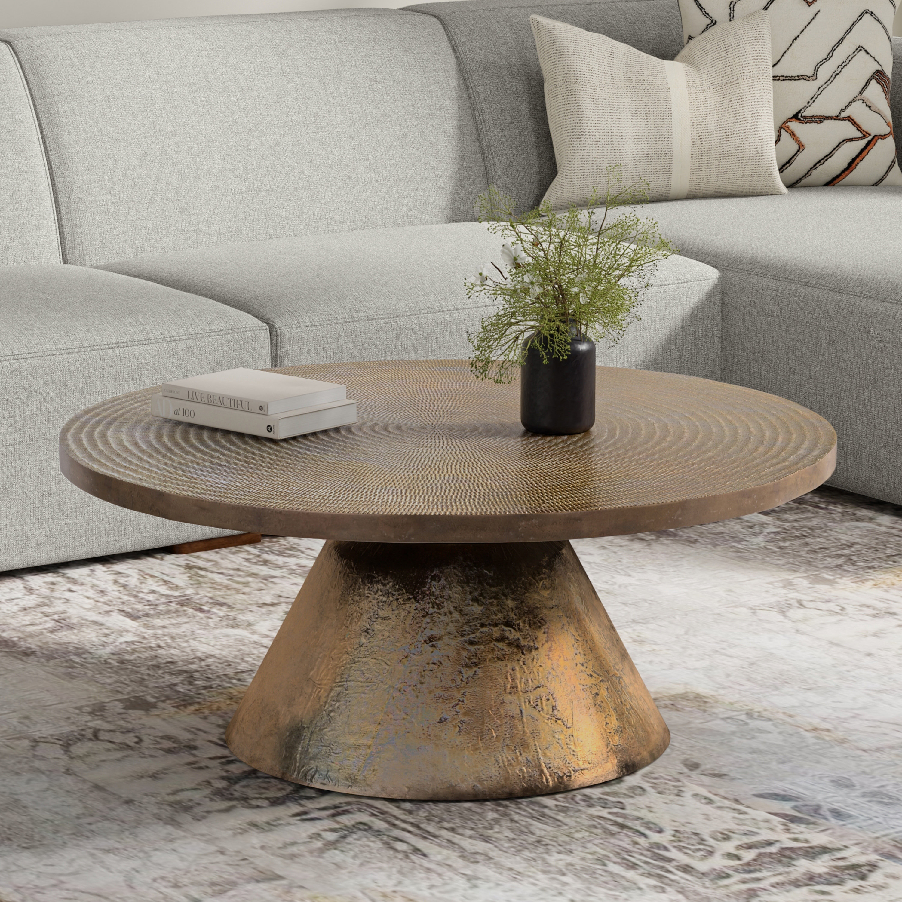 Simpli Home Michelle 36" Vintage Brass Cast Aluminum Contemporary Round ...