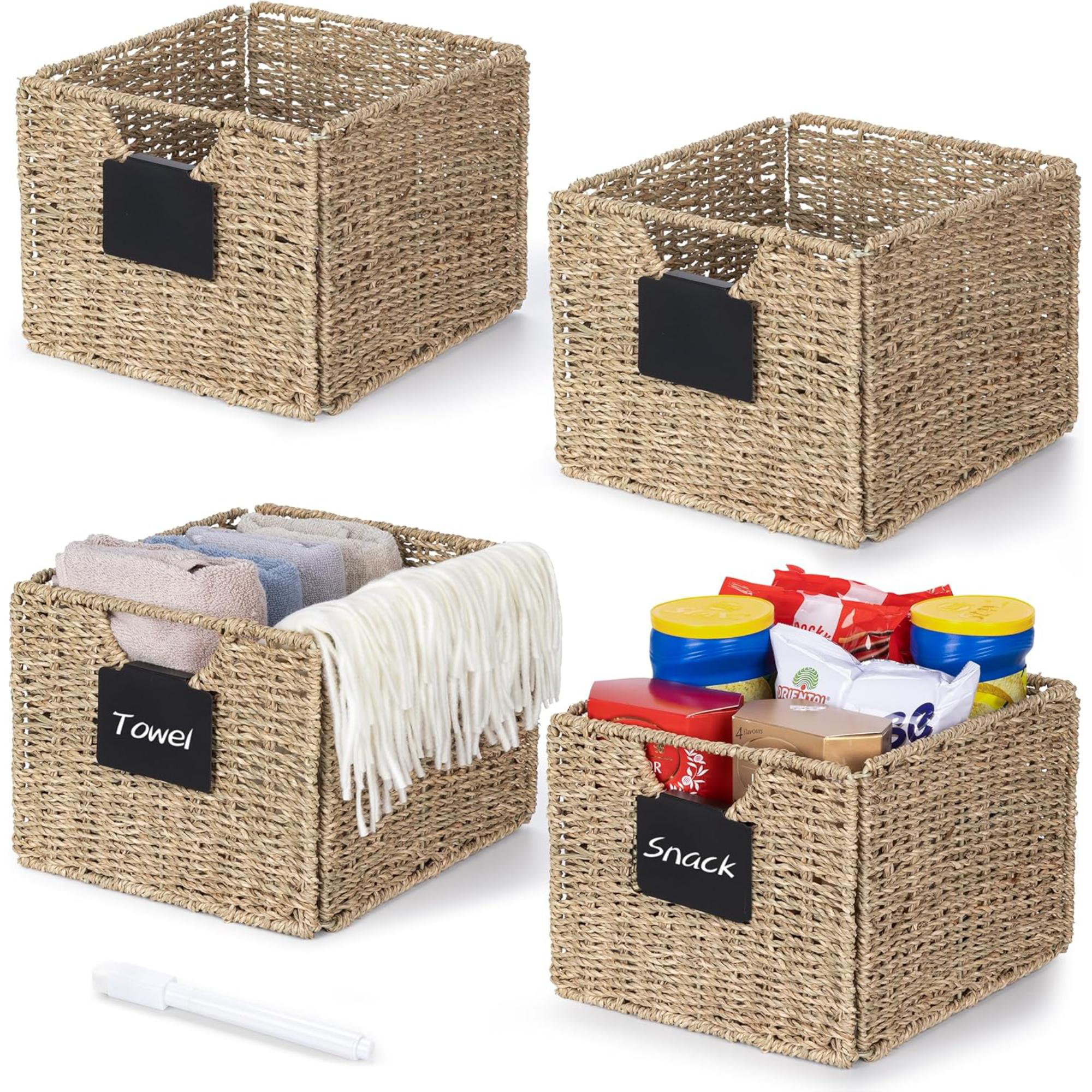 Highland Dunes Seagrass Storage Baskets With Labels, Wicker Storage ...