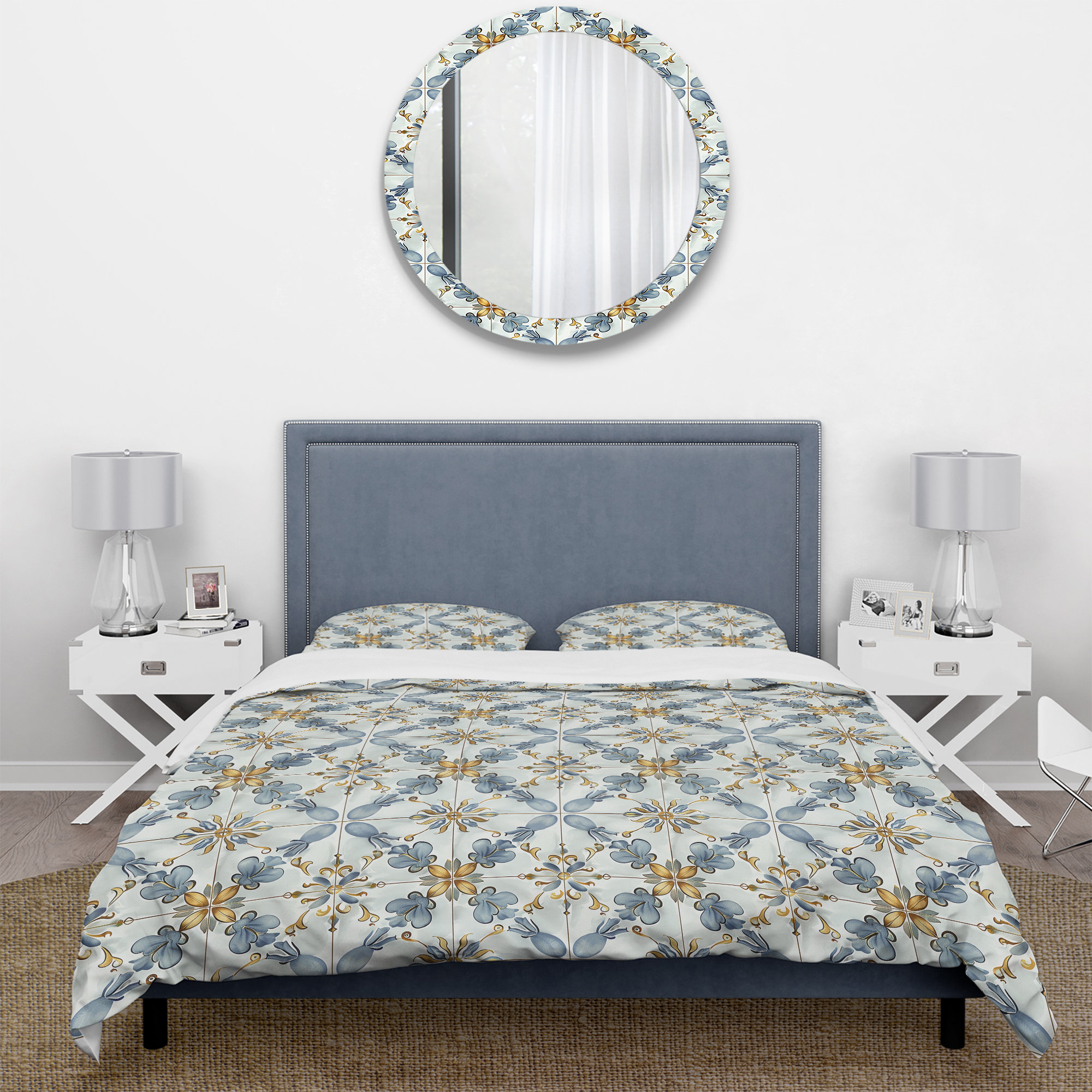 Design Art Powder Blue And Gold Vintage Tile I - Farmhouse Duvet Cover ...