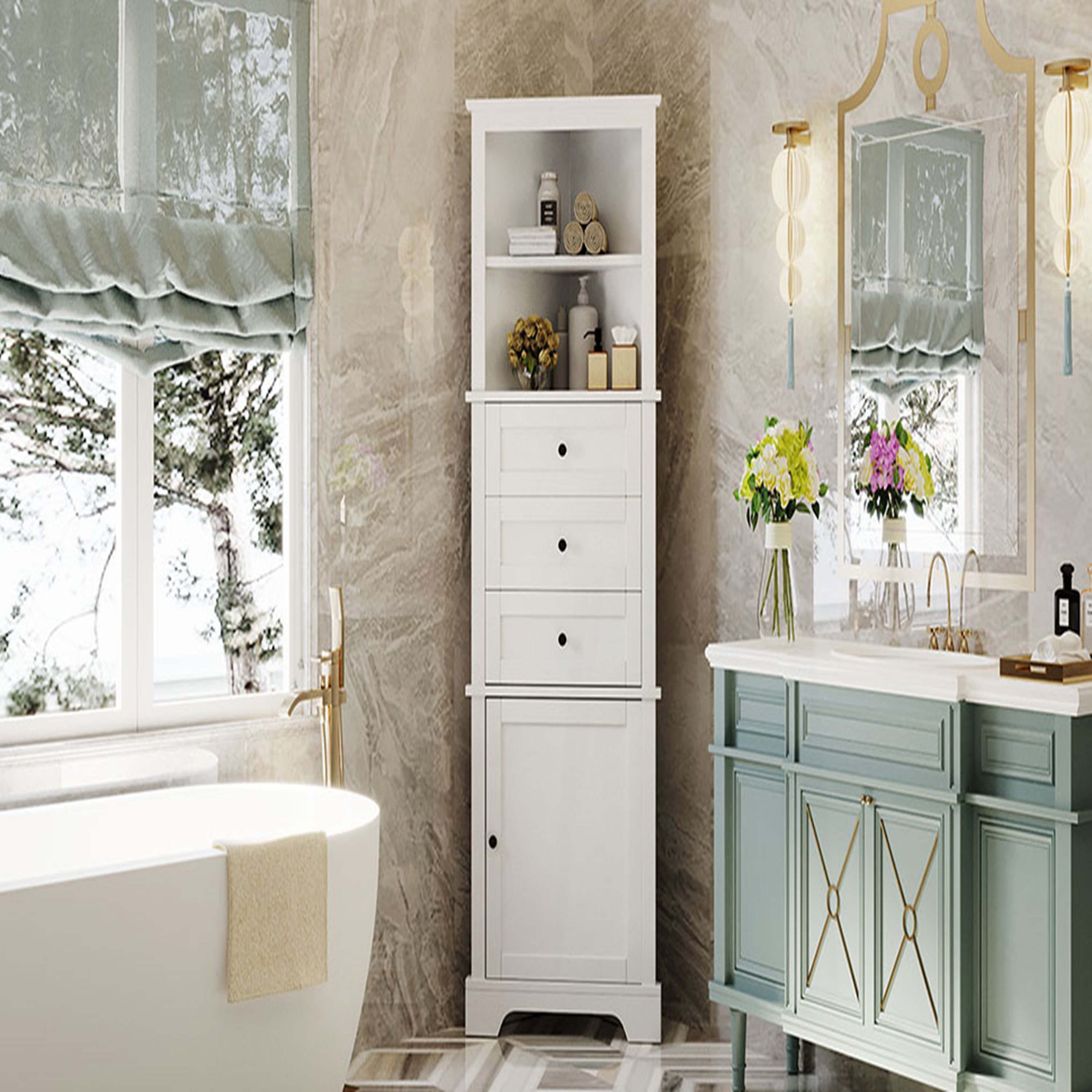 Red Barrel Studio® Triangle Tall Cabinet with 3 Drawers and Adjustable ...