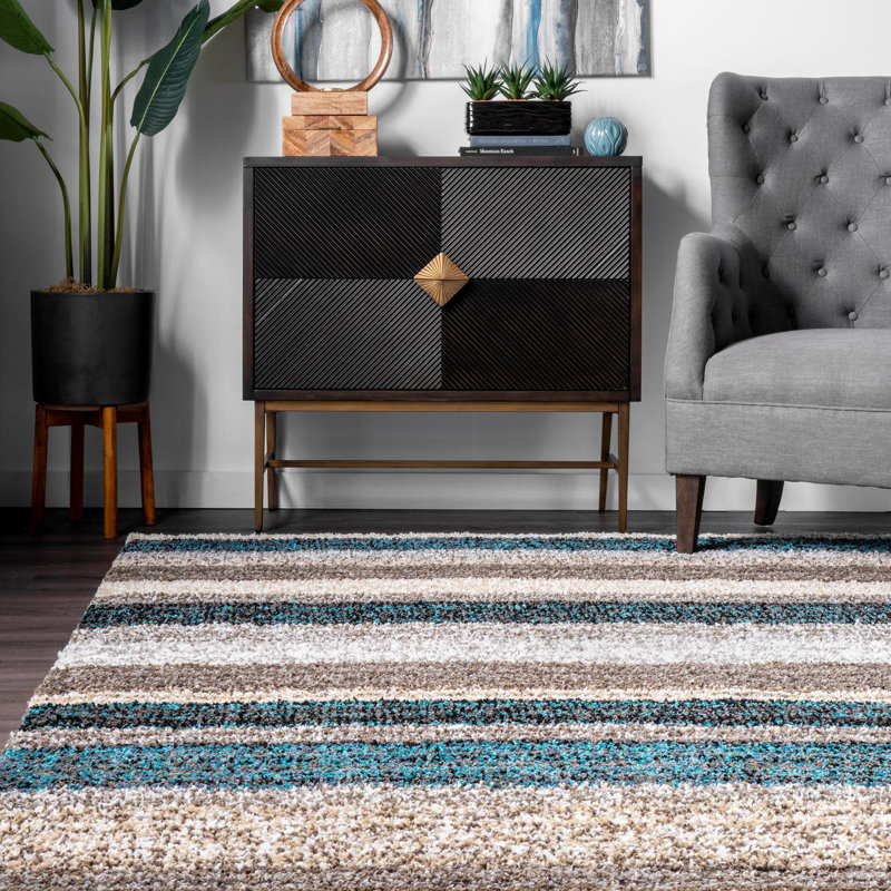 Langley Street City Striped Shag Tufted Performance Brown/Teal/Blue Rug ...