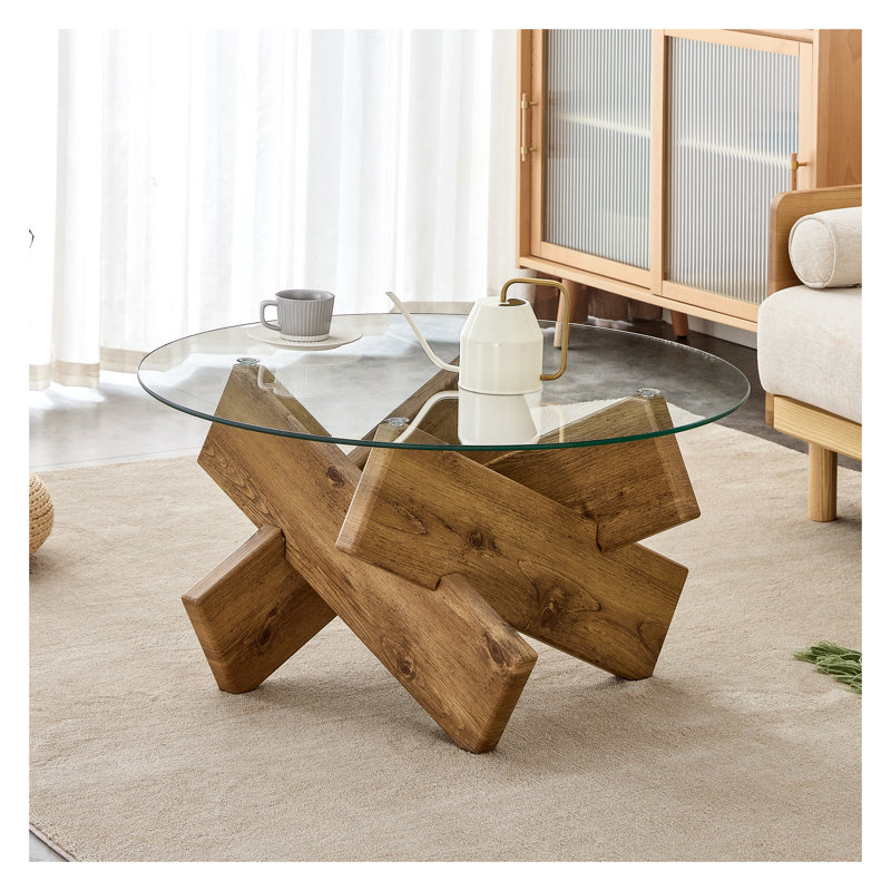 Ivy Bronx 33.4-Inch Circular Glass Coffee Table with Tempered Glass Top ...