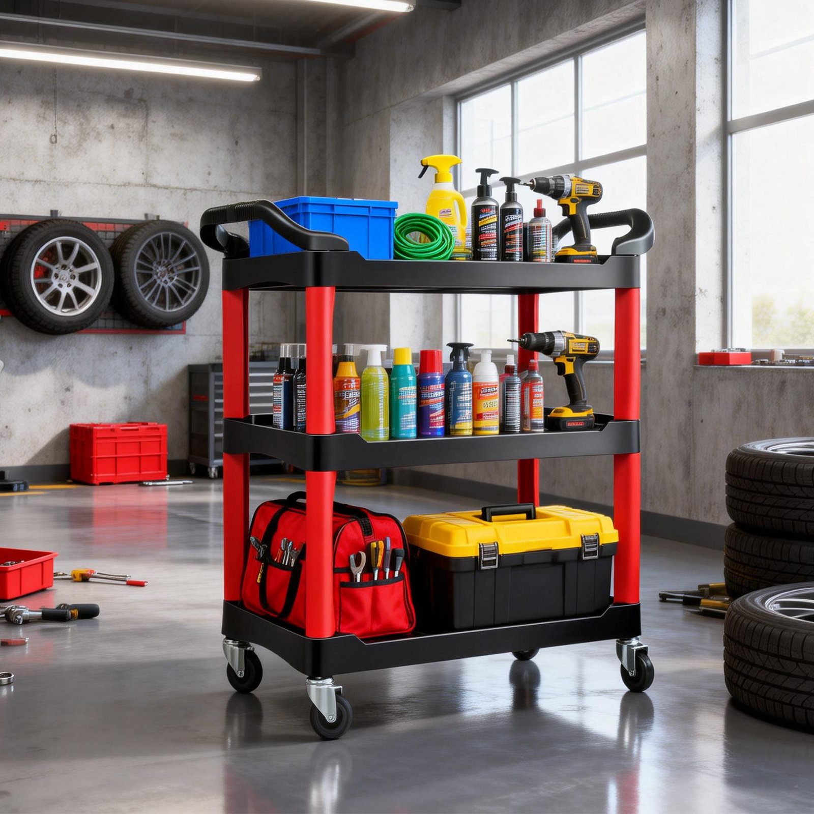 WFX Utility™ 3-Tier Rolling Detailing Cart With 12 Bottle Holders Heavy ...