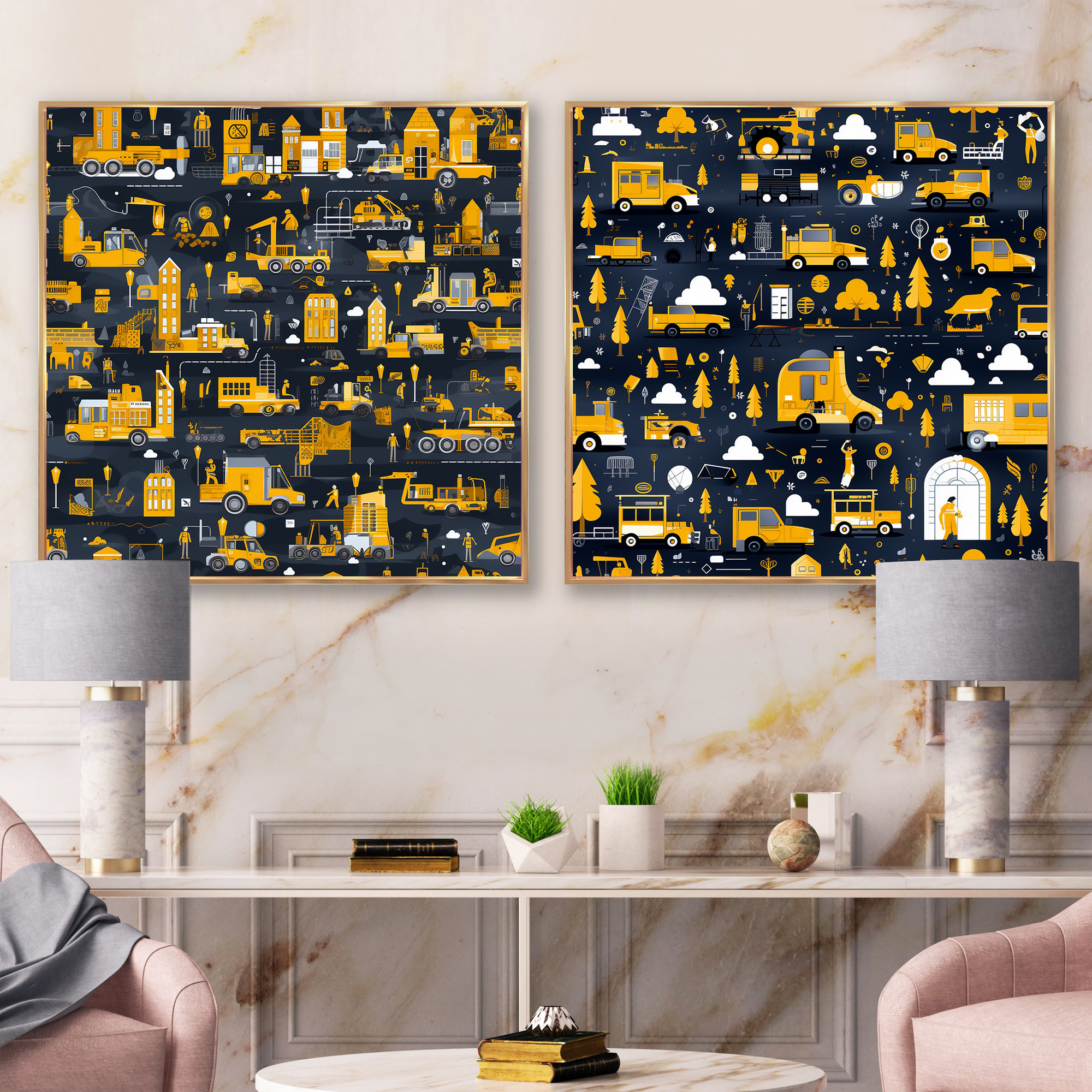 Harriet Bee Yellow Busy Construction Zone For Kids Bedroom - Vehicles ...