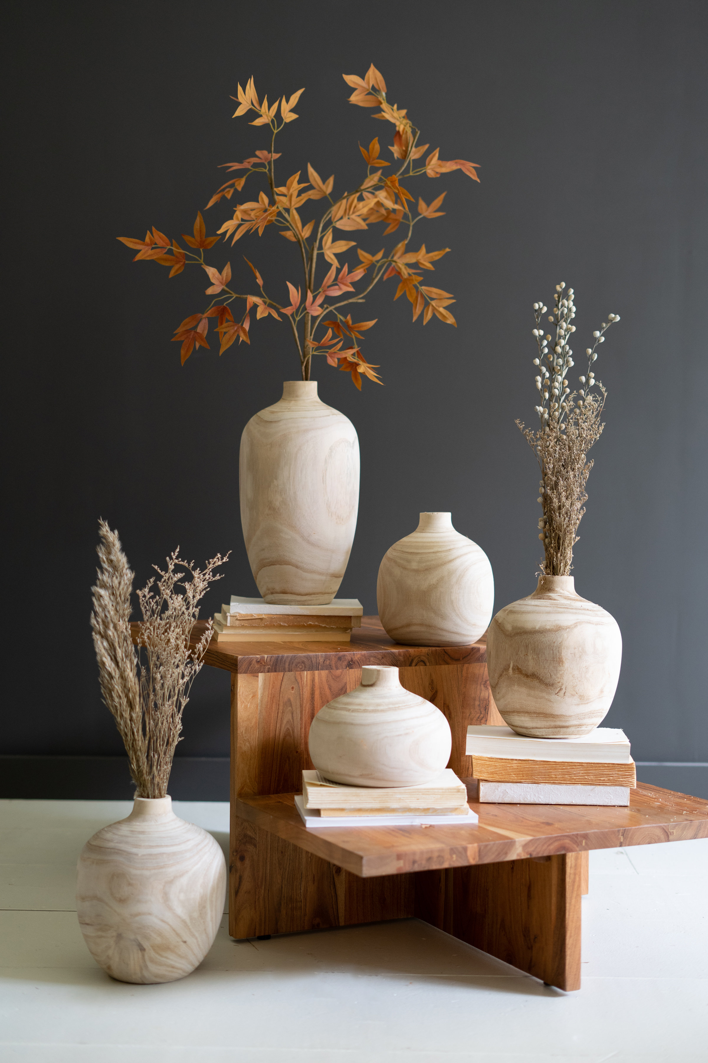 Birch Lane™ Gerson SET OF FIVE CARVED WOODEN BULB VASES - ONE EACH ...
