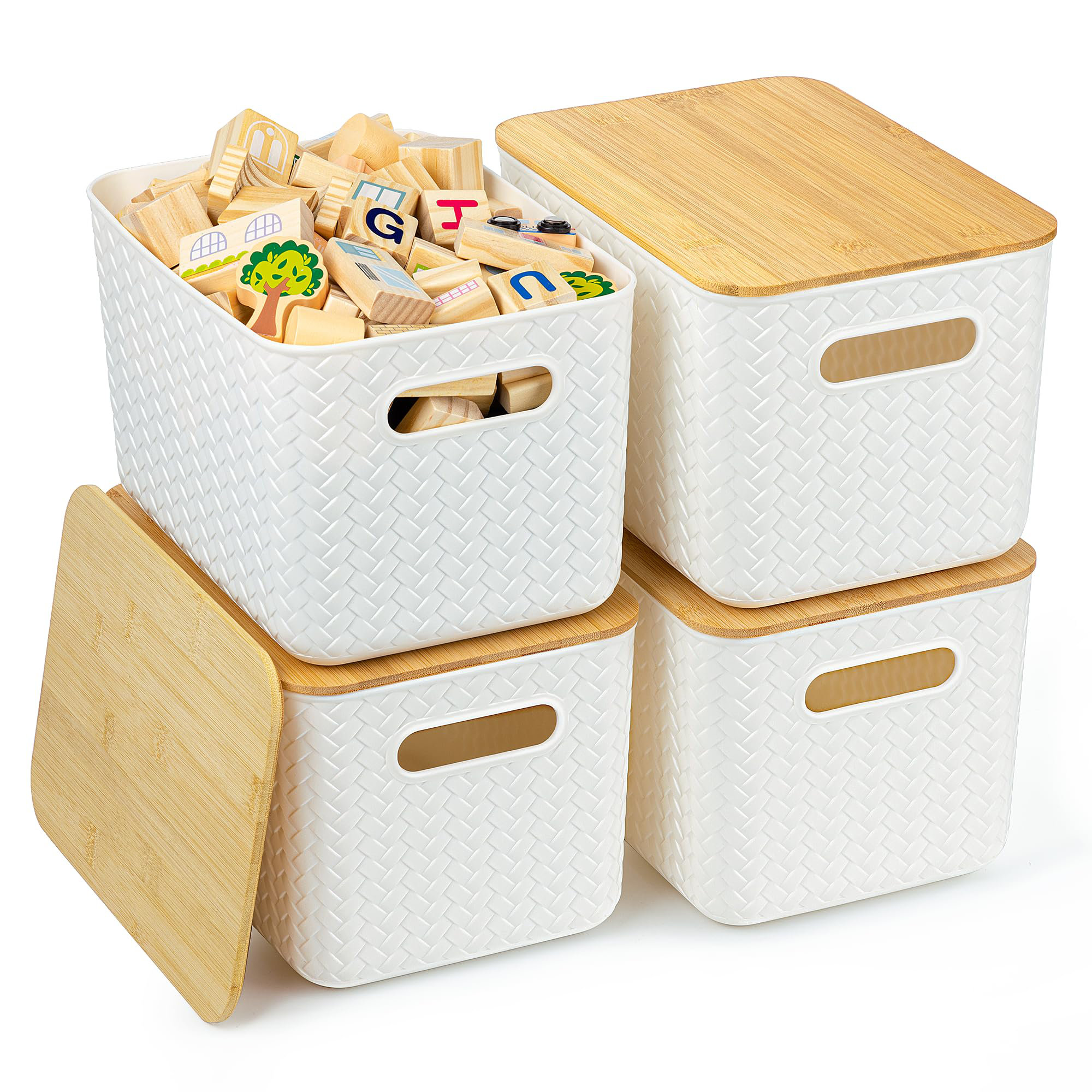 Hokku Designs 4 Packs Storage Bins With Bamboo Lids - Plastic Storage ...