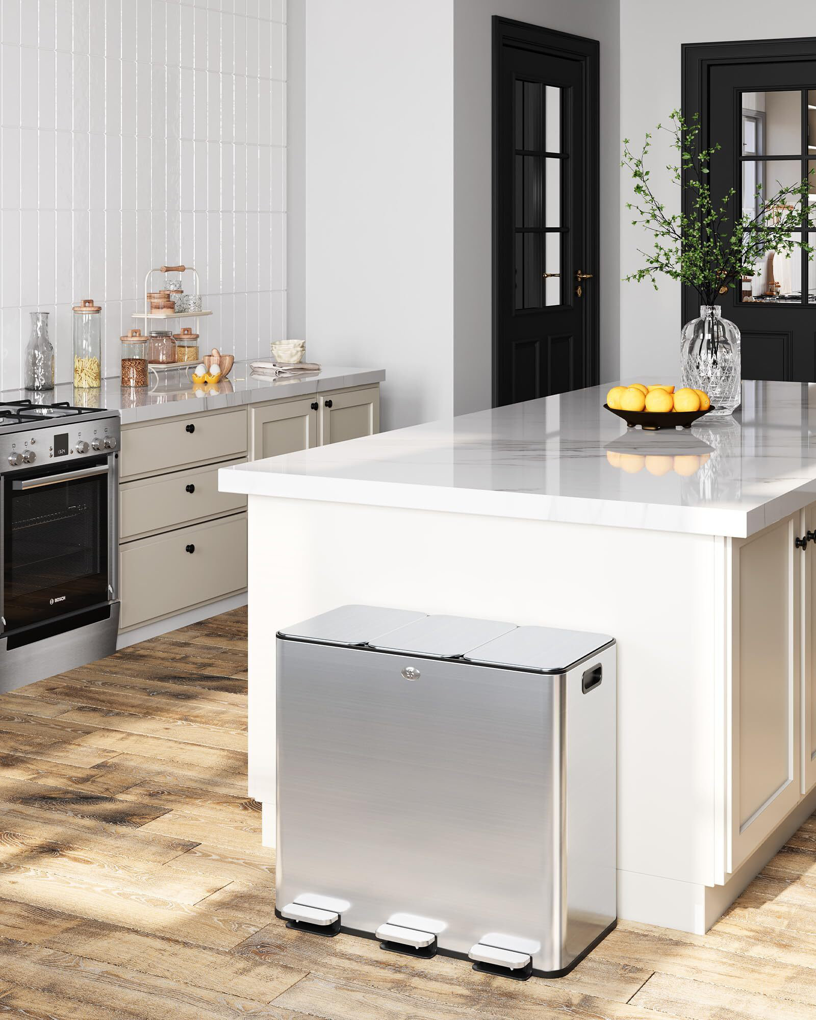 babevy 15 Gallon Triple Compartment Stainless Steel Kitchen Trash Can ...