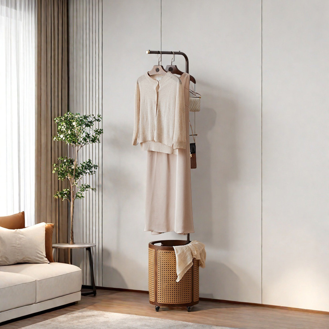 Bayou Breeze Coat Rack Ash Wood Wicker Brass Hooks Wheels - Wayfair Canada