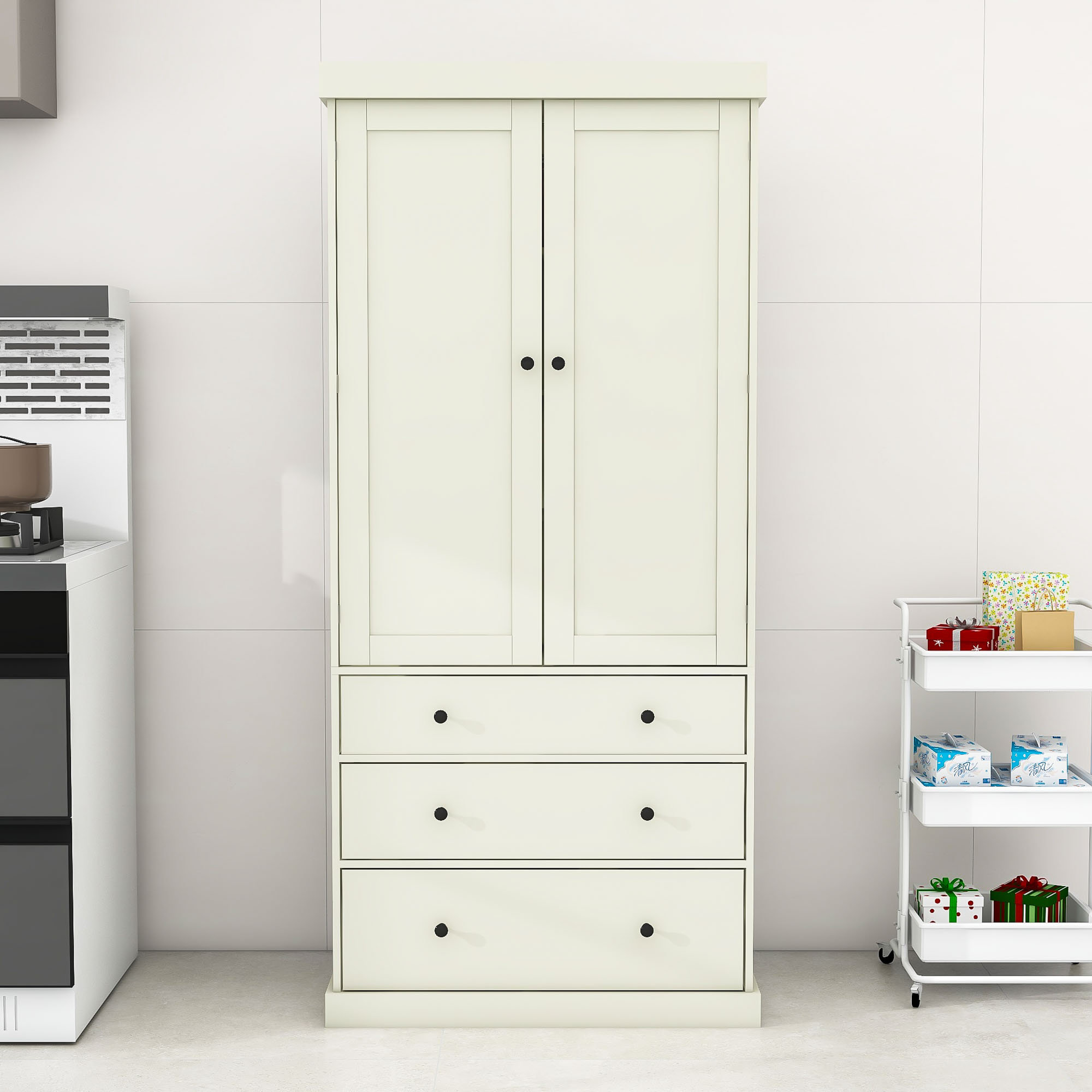 Lark Manor™ Averir Kitchen Pantry, Tall Storage Cabinet with 3 Drawers ...