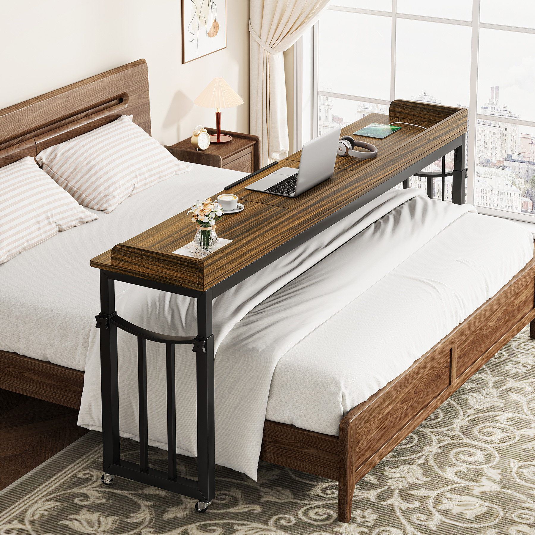 17 Stories 70.86'' W Adjustable Overbed Table With Power Station ...