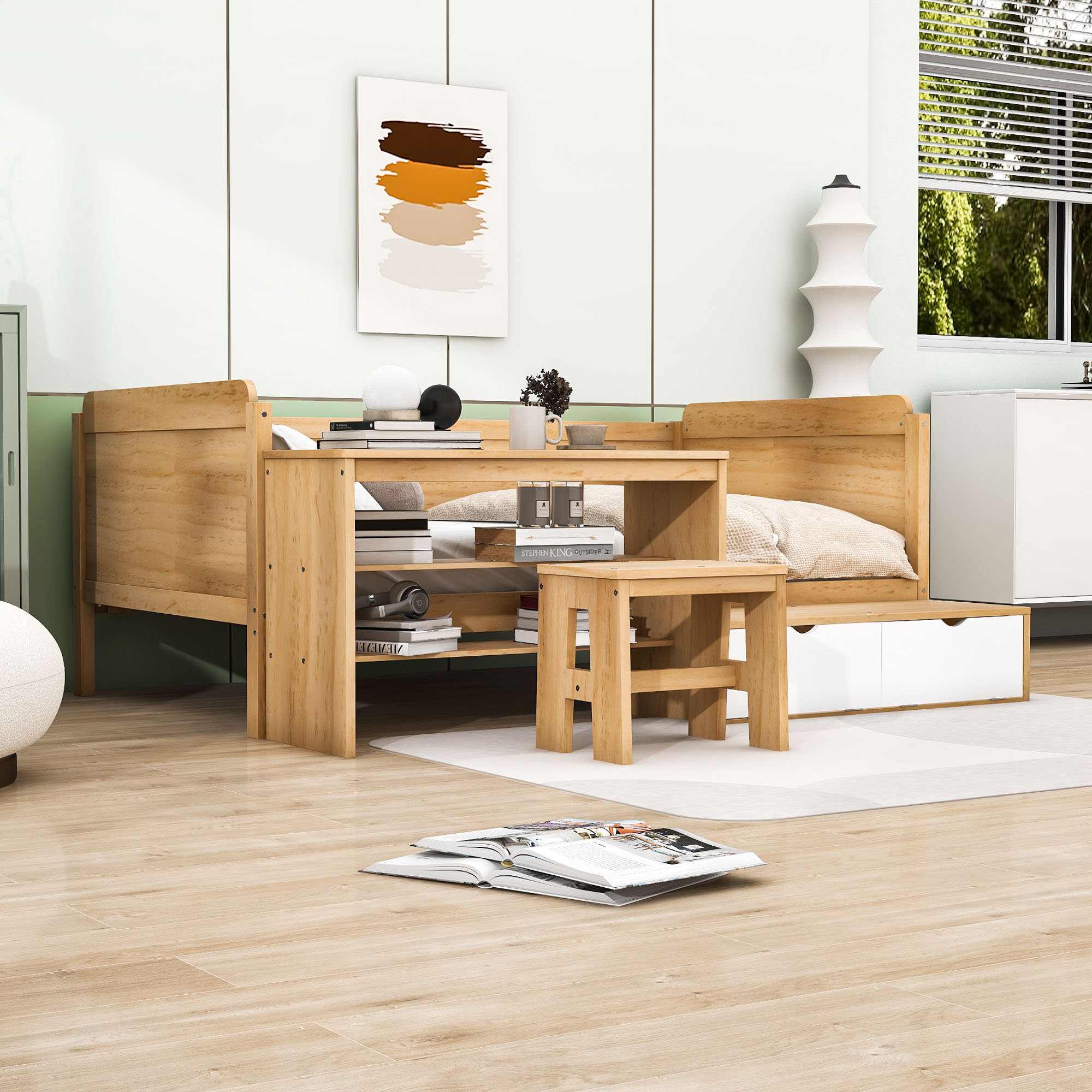 Lark Manor Twin Wood Daybed with Storage Shelves and Built-in-Desk ...