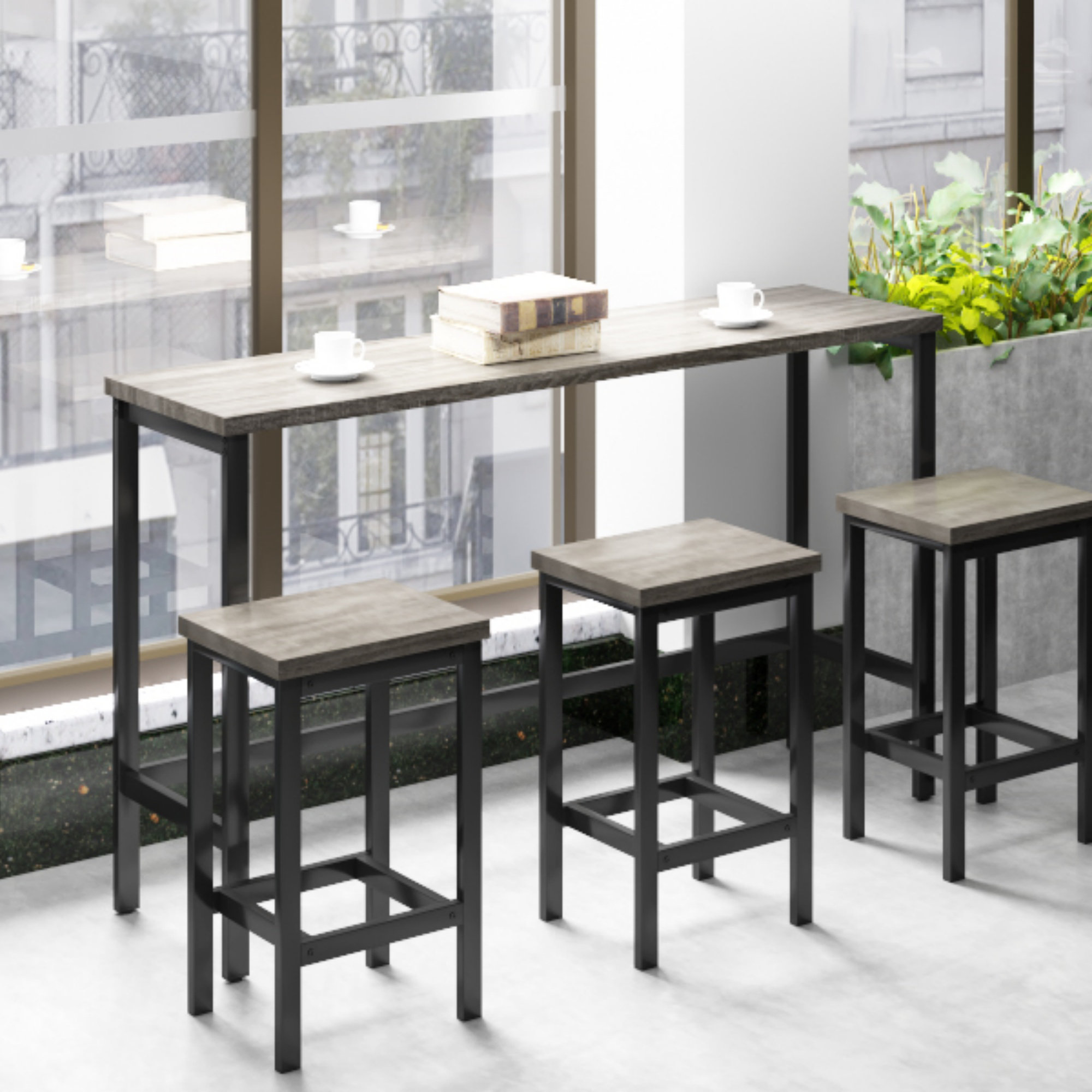 17 Stories Counter Height Extra Long Dining Table Set with 3 Stools Pub ...