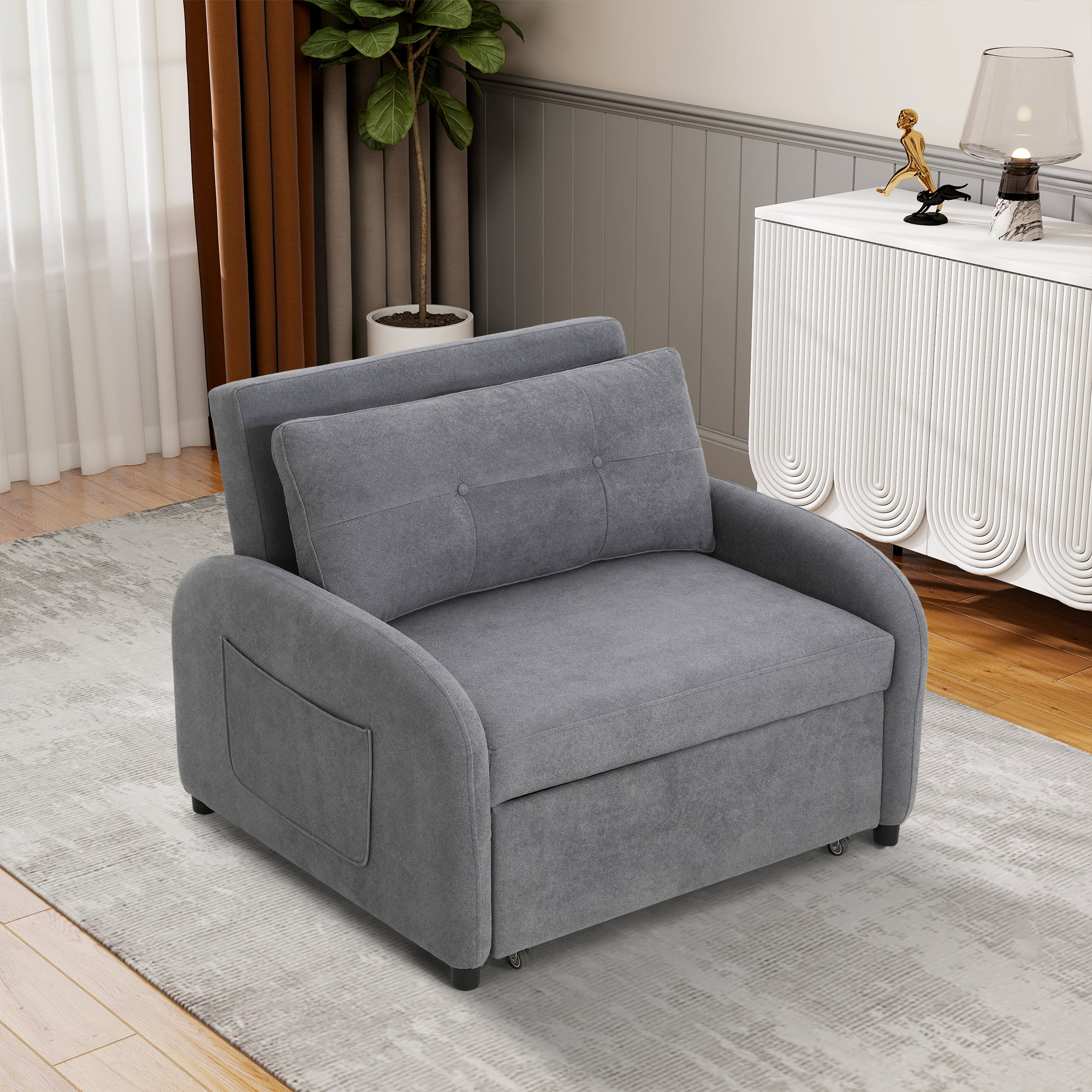 Ebern Designs Modern Linen Chaise Lounge With Pull-Out Sleeper Function ...