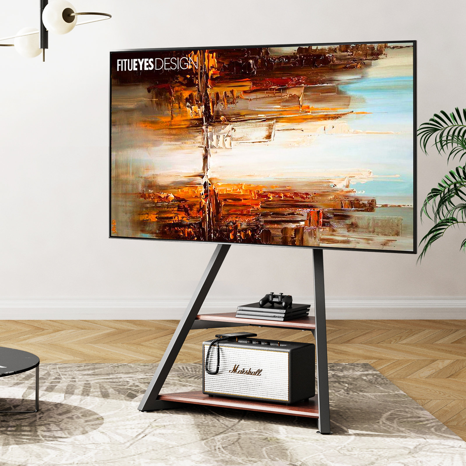Fitueyes Corner TV Stand with 2 Wooden Shelves Rolling TV Cart For 32 ...