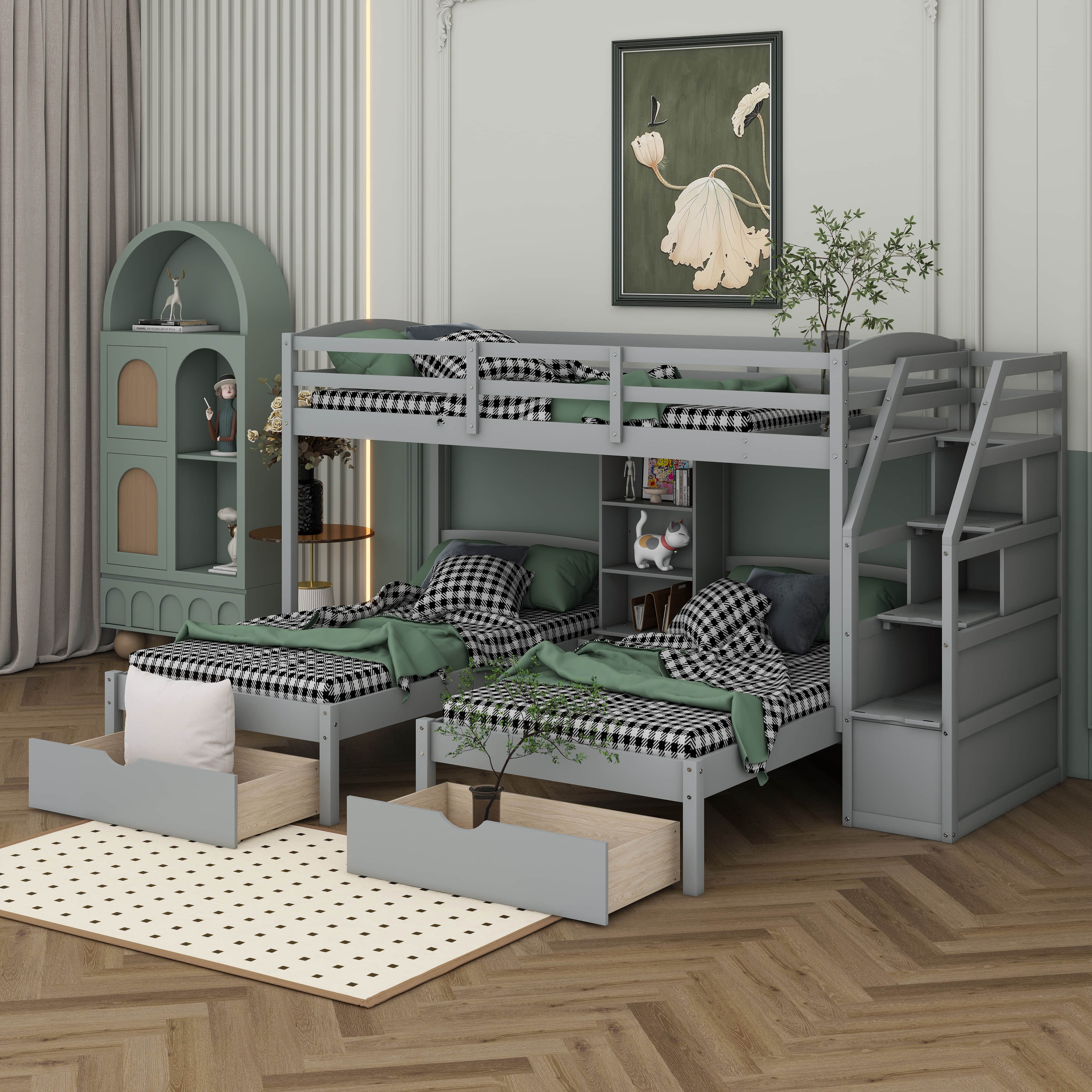 Harriet Bee Triple Bunk Bed With Stairs, Twin Over Twin & Twin Bunk Bed ...