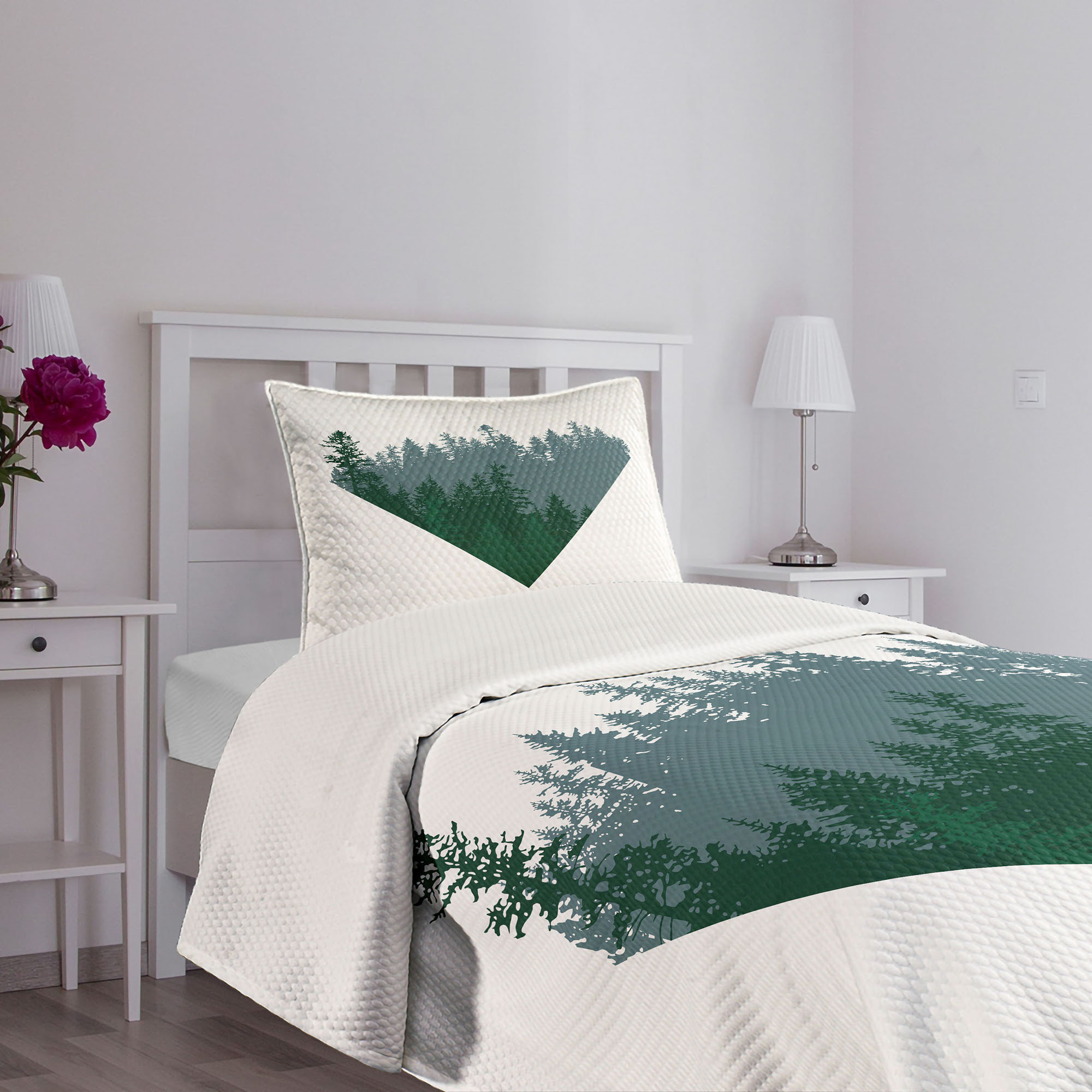 Ambesonne Forest Bedspread Set Coniferous Tree Design Dark Green Slate ...