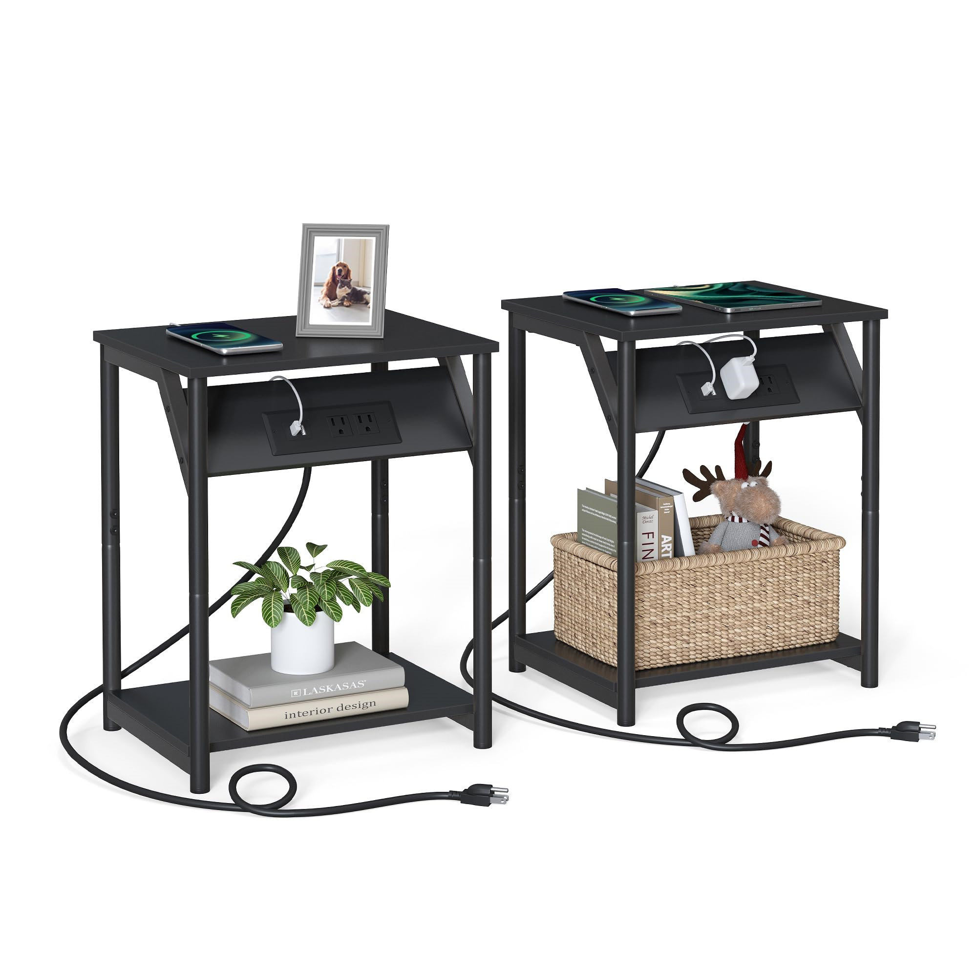 Ivy Bronx Set Of 2, Small Side Tables Nightstand With Outlets And USB ...