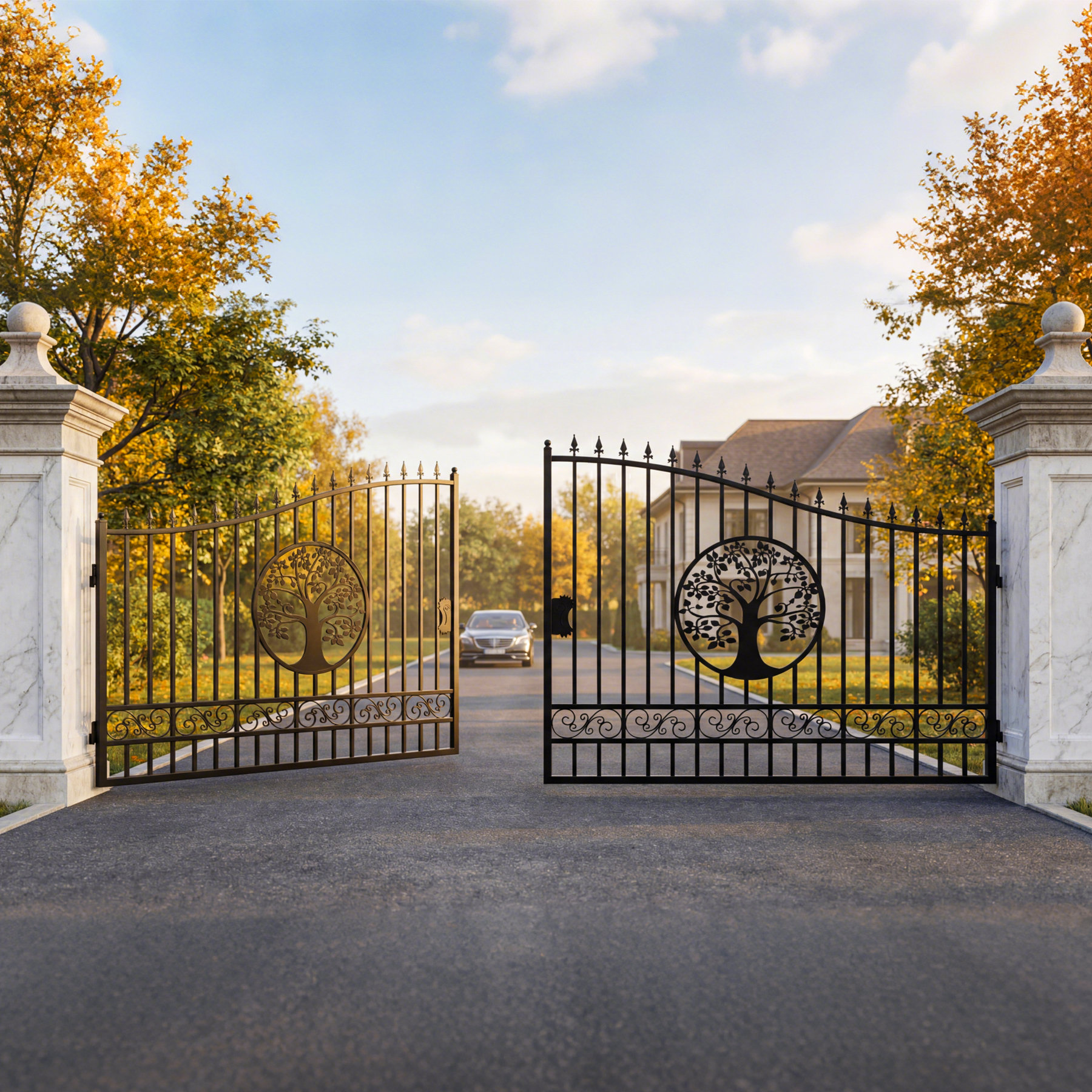 Chery Industrial Steel Dual Swing Driveway Gate With Tree Pattern | Wayfair