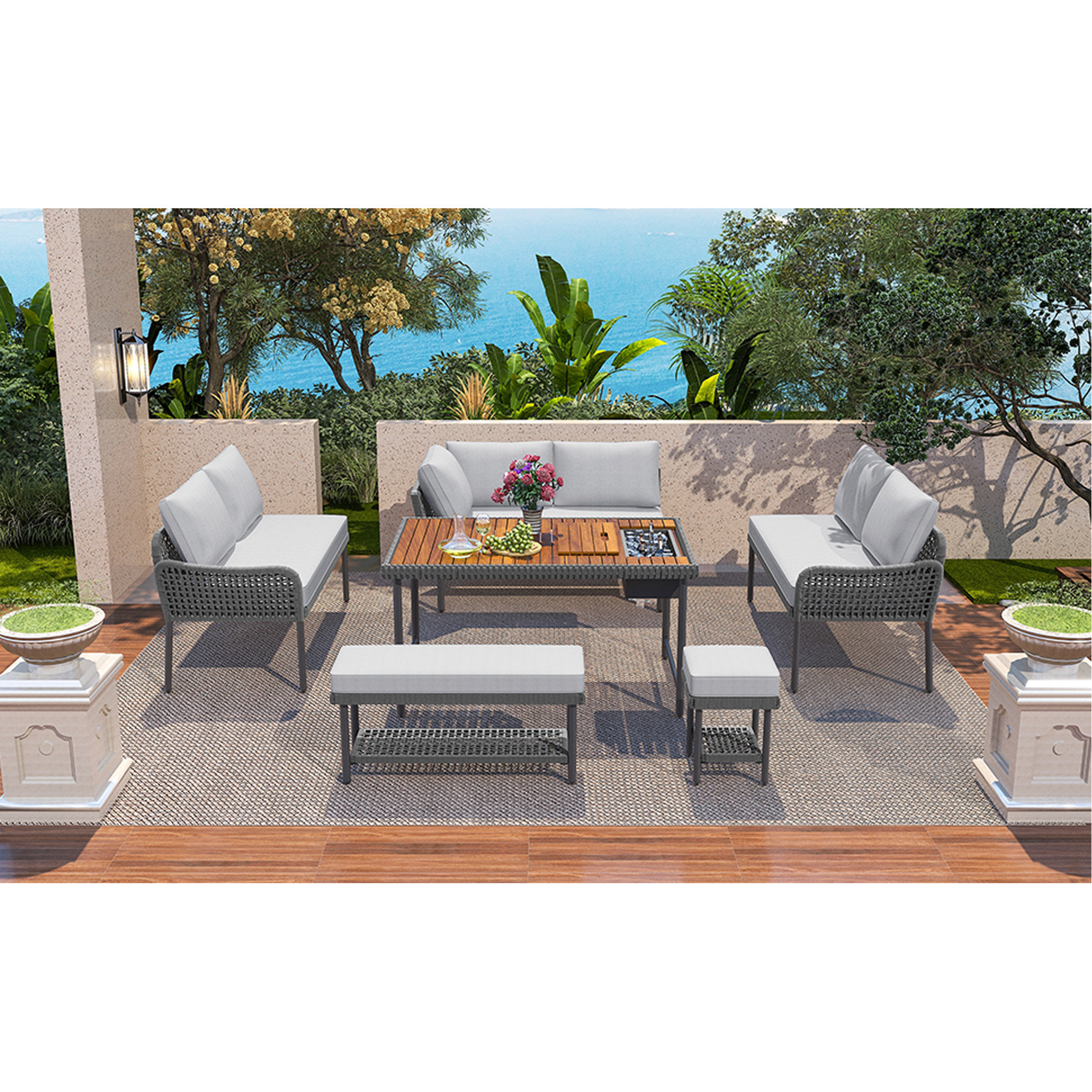 Dakota Fields 6-Piece Rope Patio Furniture L-Shaped Set, Outdoor ...