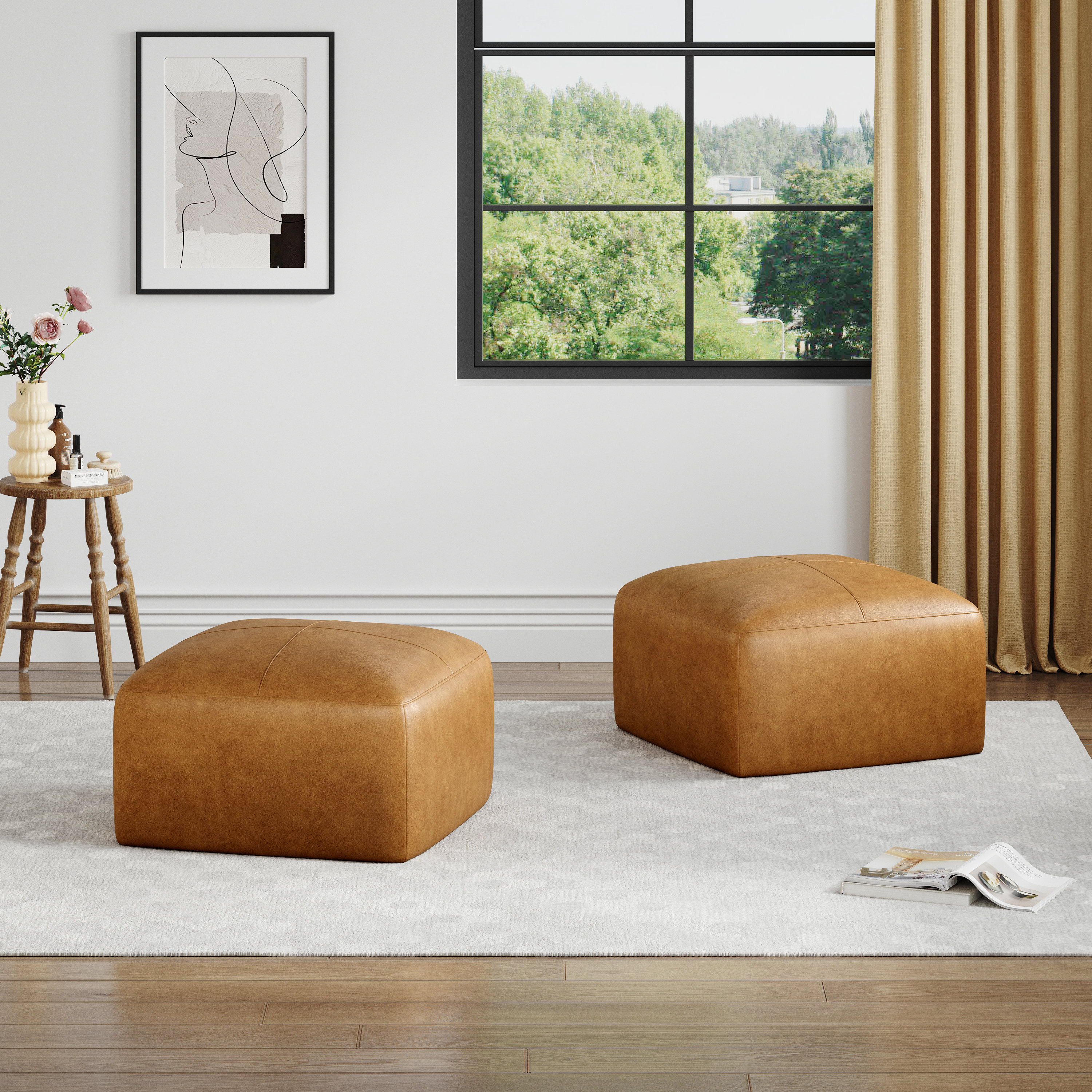 Pia Ricco Hustle Square Top-Grain Genuine Italian Leather Ottoman (Set ...