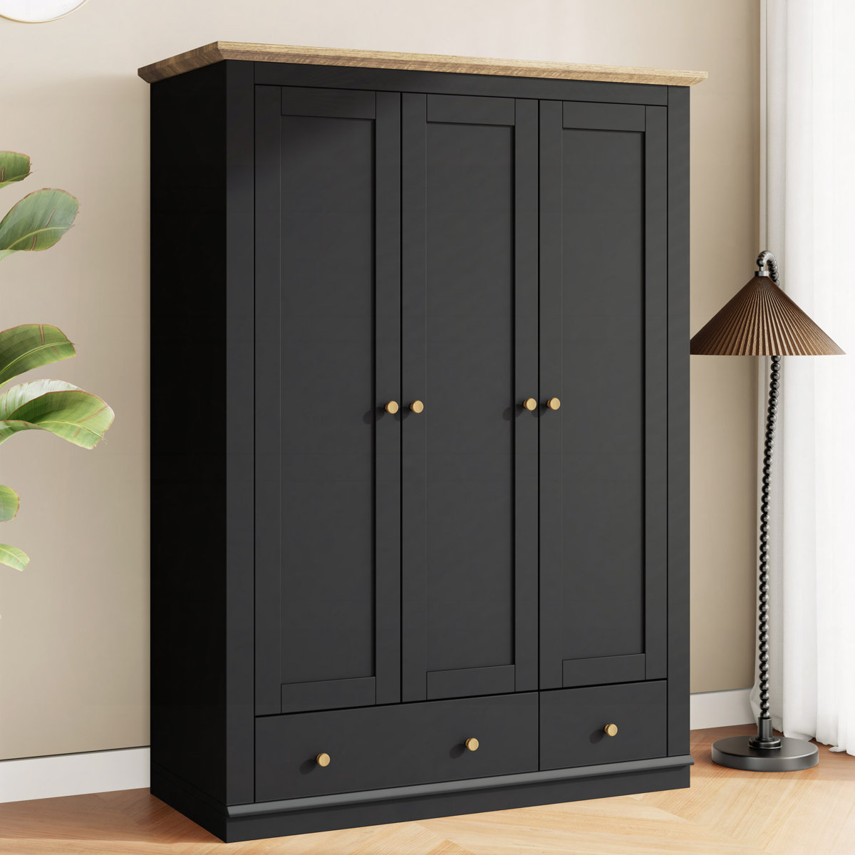 Lark Manor™ Modern Wood 3 Doors Armoire Wardrobe Closet With 2 Drawers ...