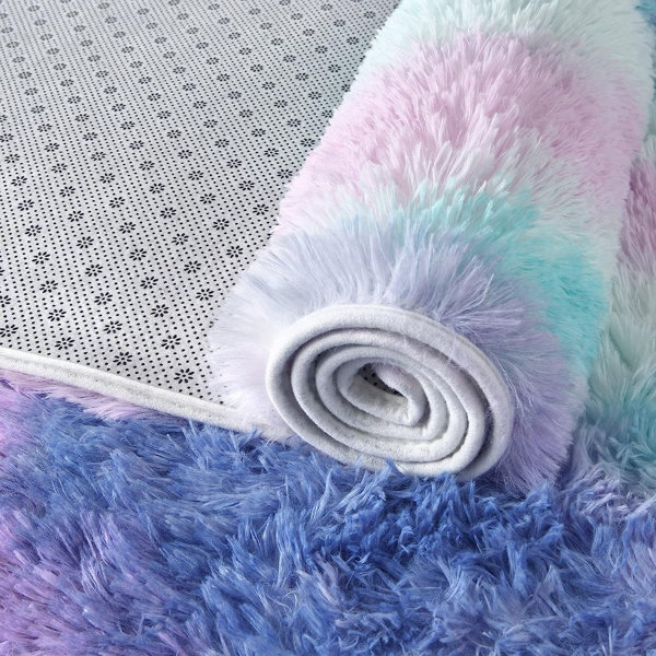 Mercer41 Kulmene Machine Braided Faux Fur Blue/Pink/Purple Rug | Wayfair