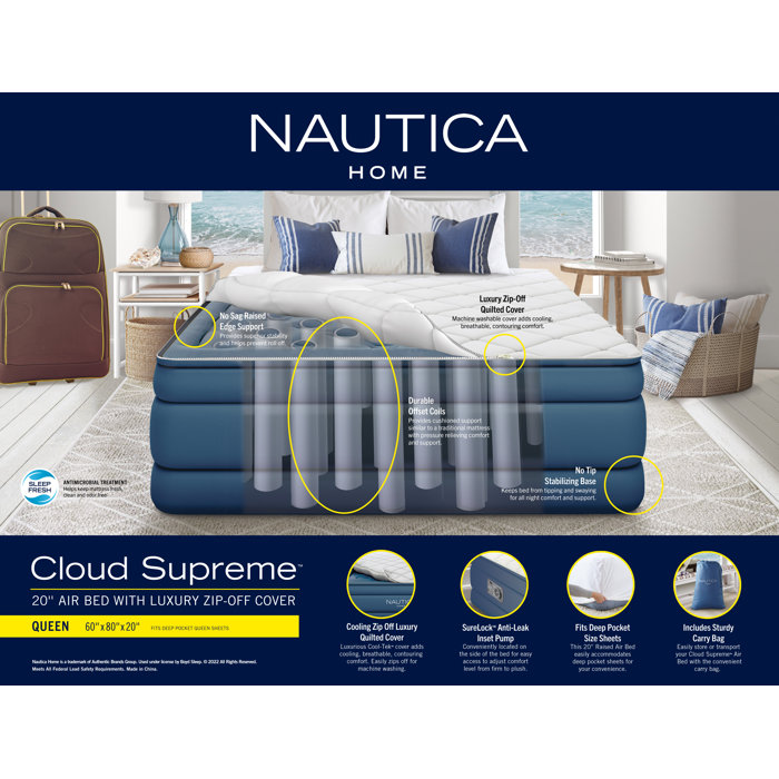 Nautica Cloud Supreme 20” Queen Inflatable Air Mattress, Built-in Pump ...