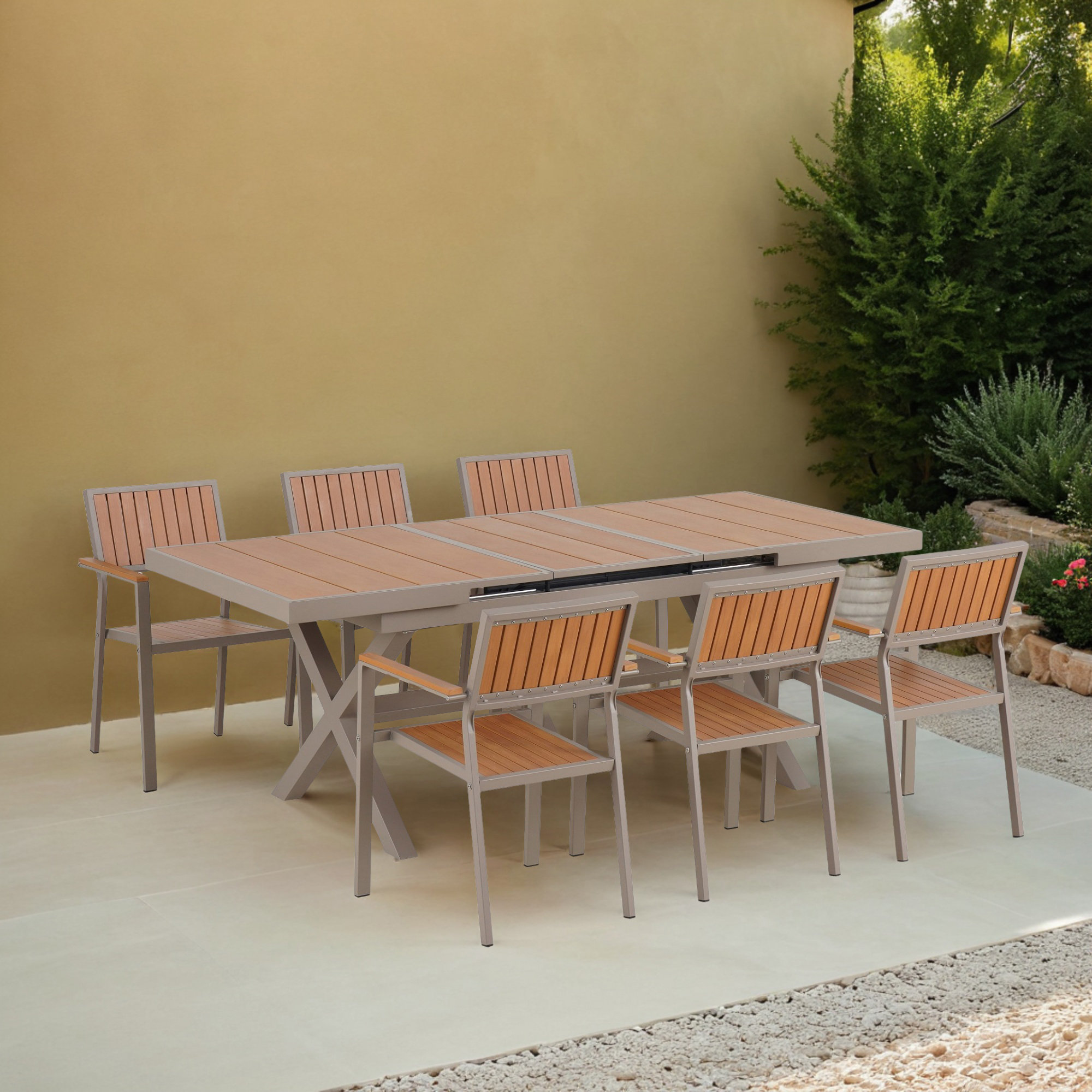 Winston Porter 7 Pieces Patio Dining Set Outdoor Furniture Set with Extendable Dining Table and ...