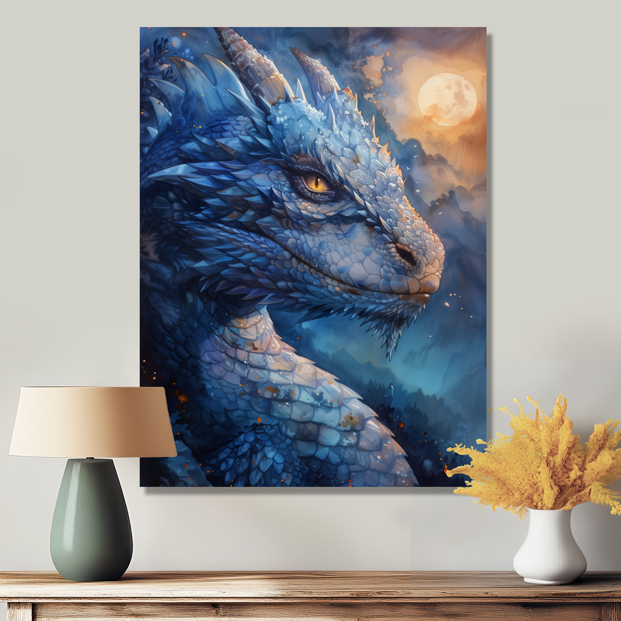 Trinx 'Blue Moonlit Flight Dragon II - Dragons Wall Art Print | Wayfair