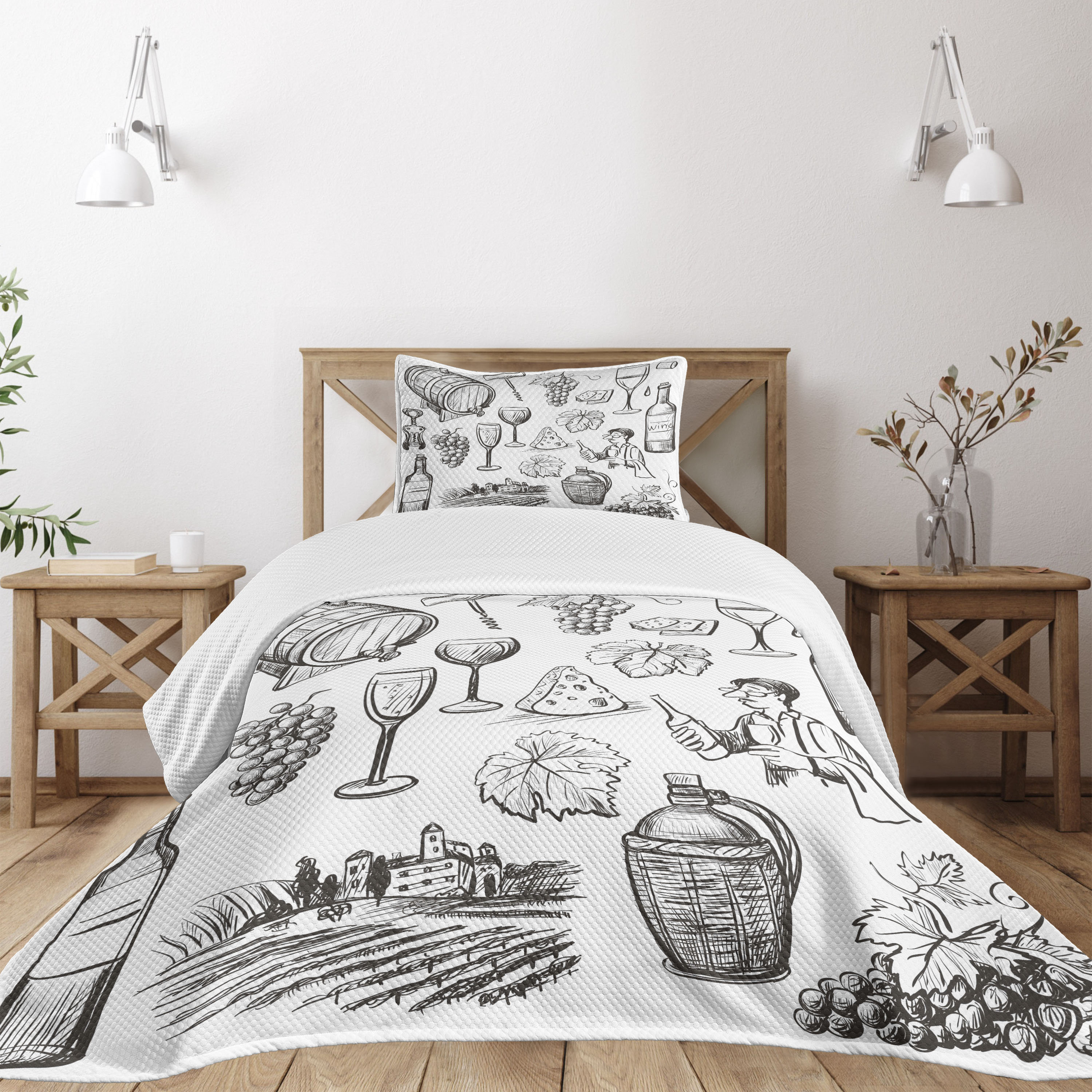 Ambesonne Wine Bedspread Set Gourmet Wine Set Sketchy Charcoal Grey ...