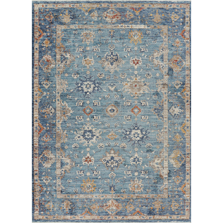 Bungalow Rose Mizic Floral Denim Blue Fringed Rectangle Area Rug | Wayfair