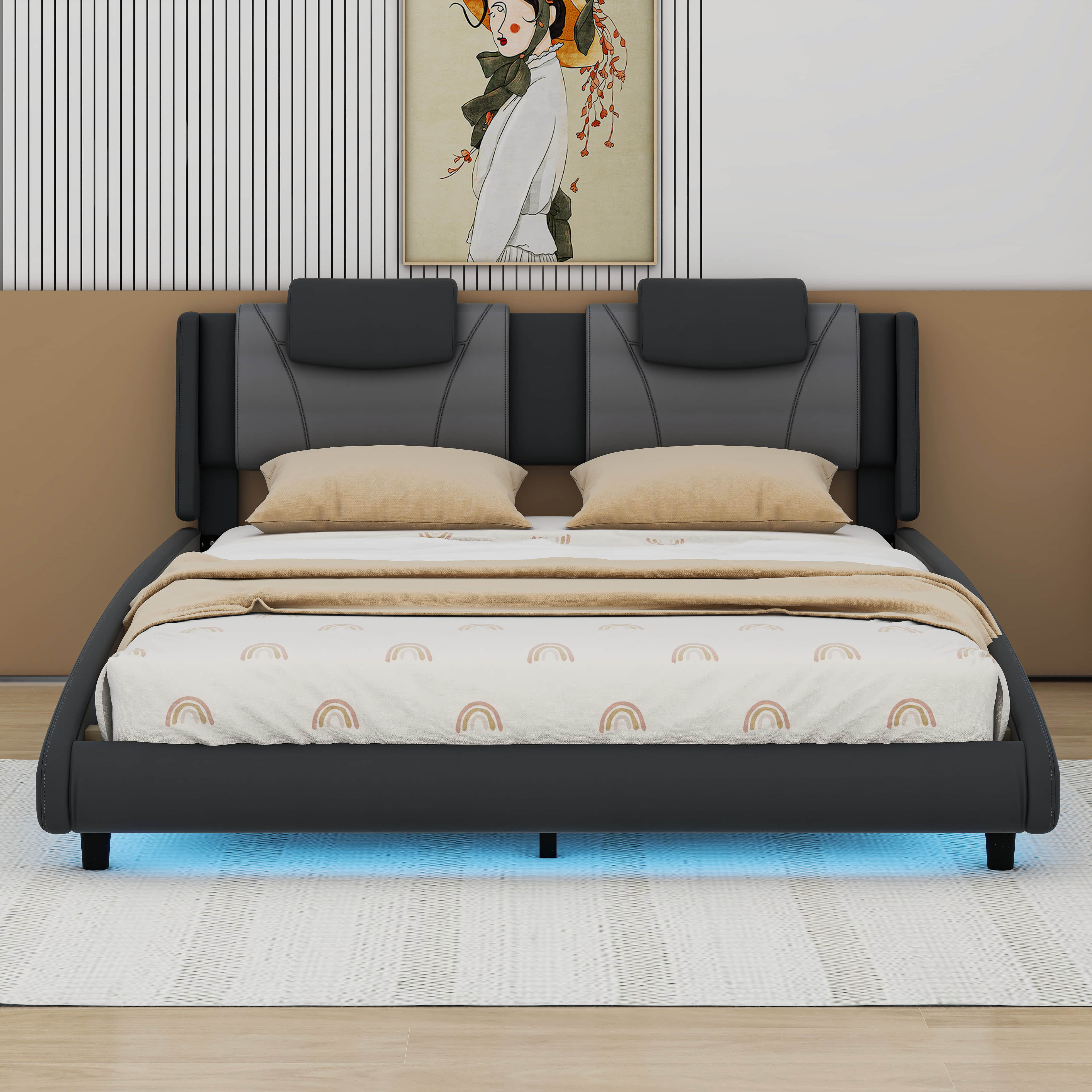 Cosmic Modern Style Faux Leather Upholstered Platform Bed Frame With ...