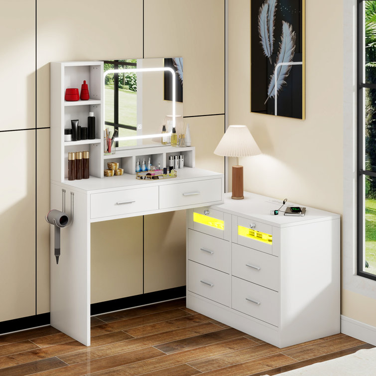 Ivy Bronx 138Cm W Dressing Table with LED Lighted Mirror & RGB Lights ...