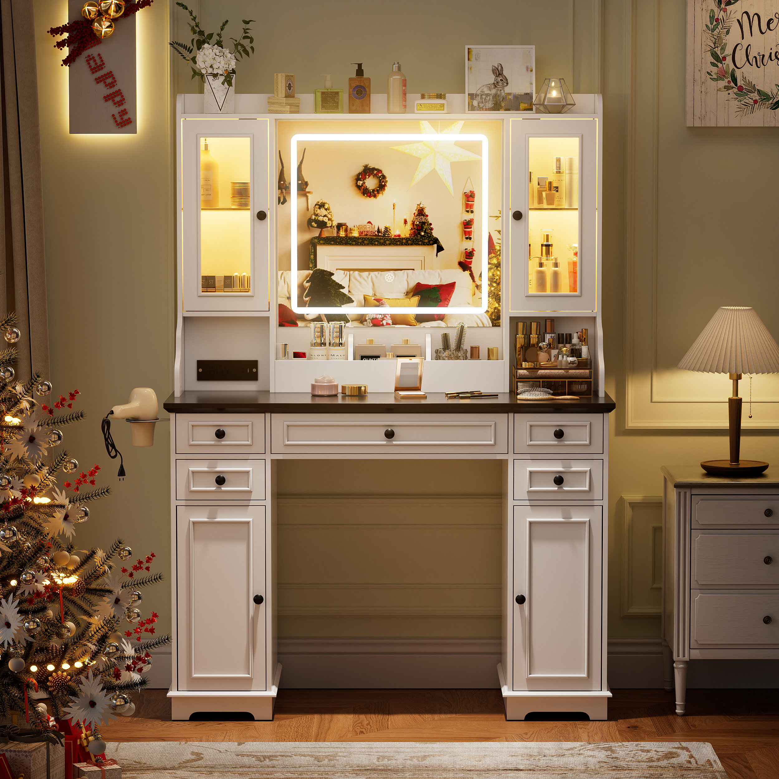 Ivy Bronx Farmhouse Dressing Table With Charging Station, Cabinet With ...