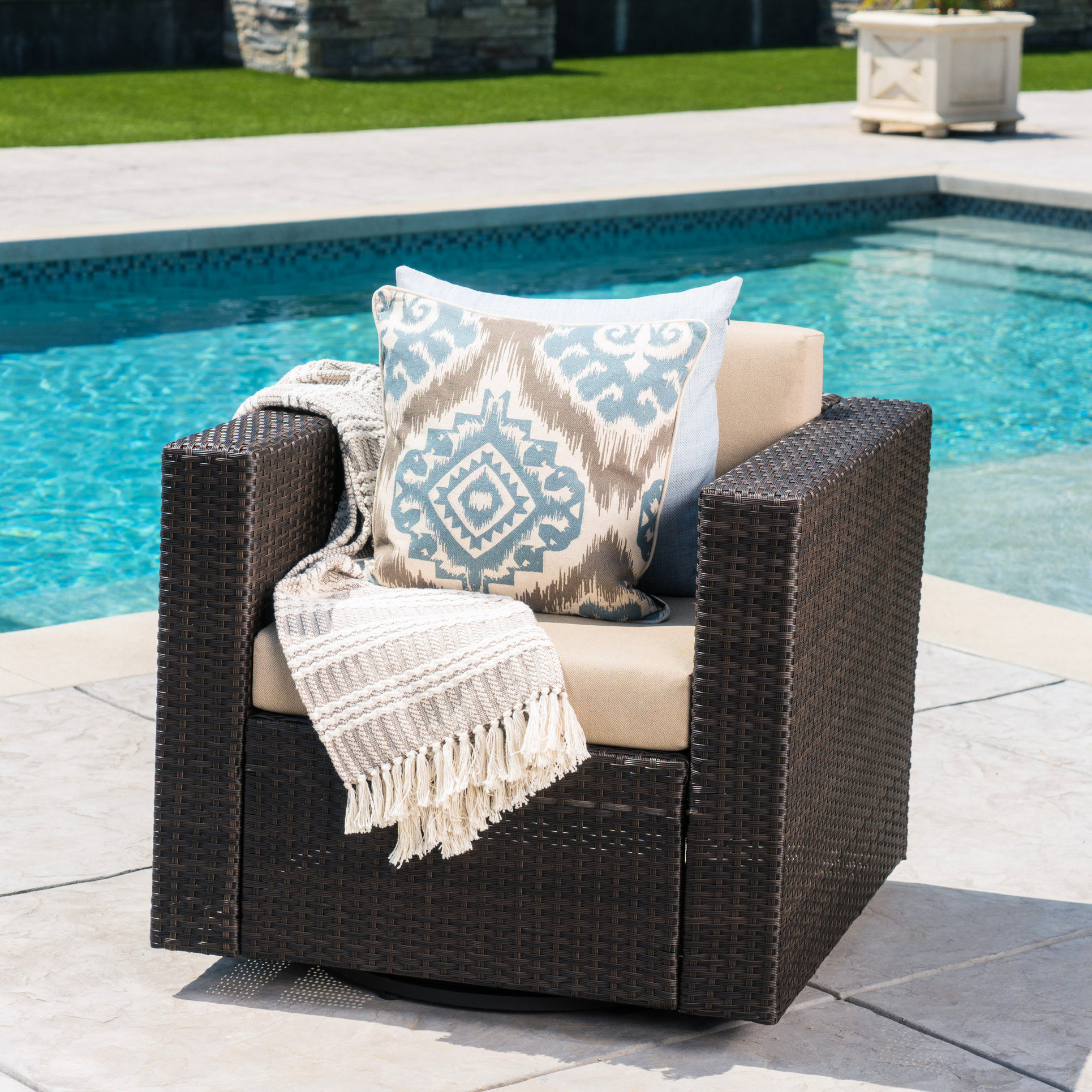 Red Barrel Studio® Eulah Dark Brown/Beige Outdoor Swivel Chair, And ...