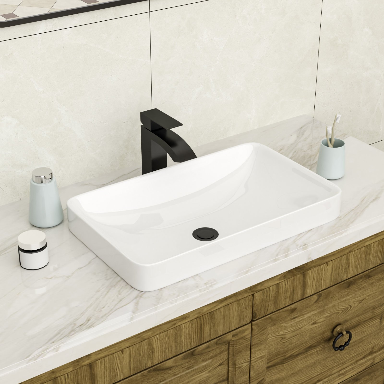 Lordear 19'' L x 12'' W Semi Recessed Bathroom Sink Rectangular Ceramic ...