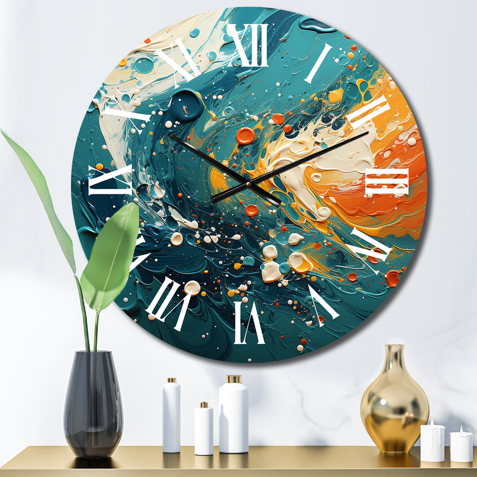 Design Art Swirling Marriage Of Electric Amber And Blue II Metal Wall Clock | Wayfair