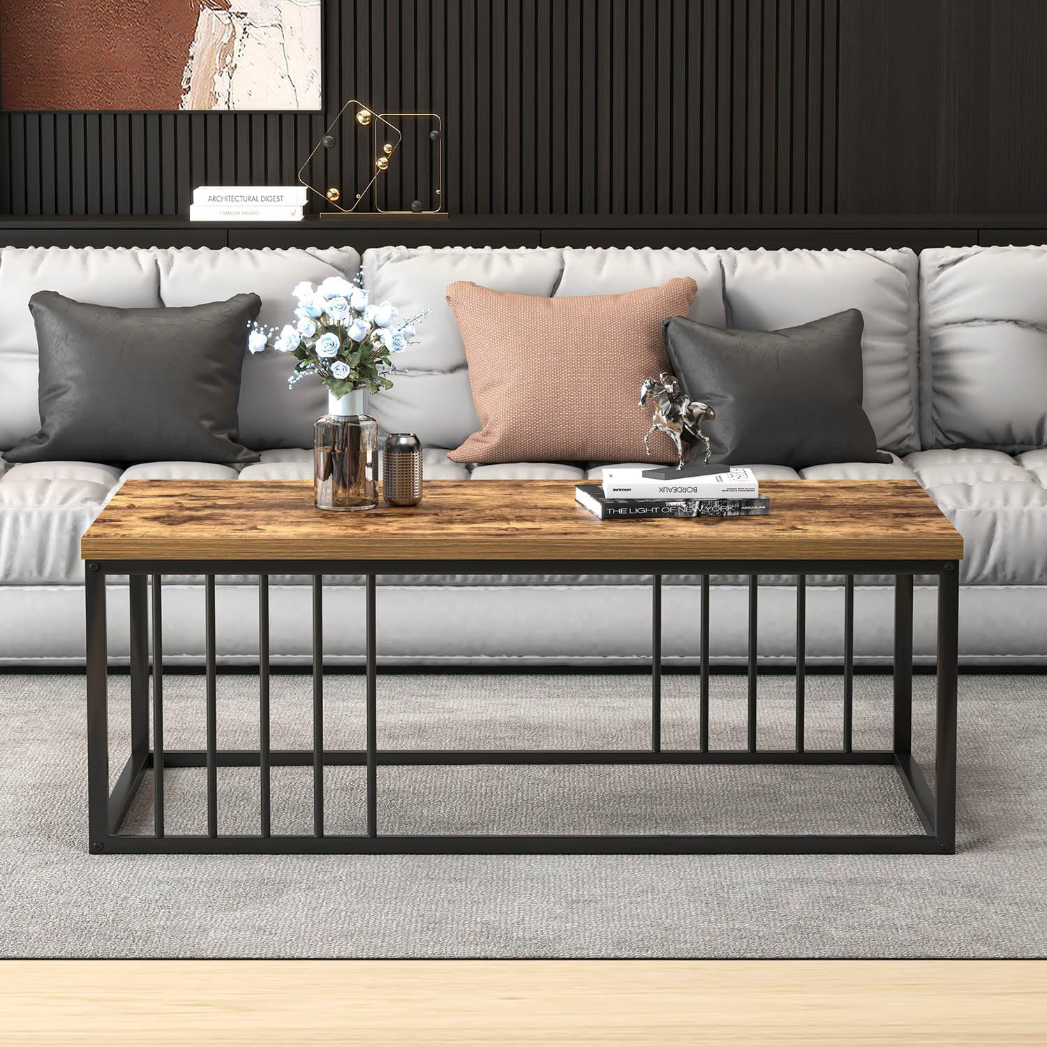 17 Stories Modern Industrial Coffee Table, Wood & Black Metal Frame, 43 ...