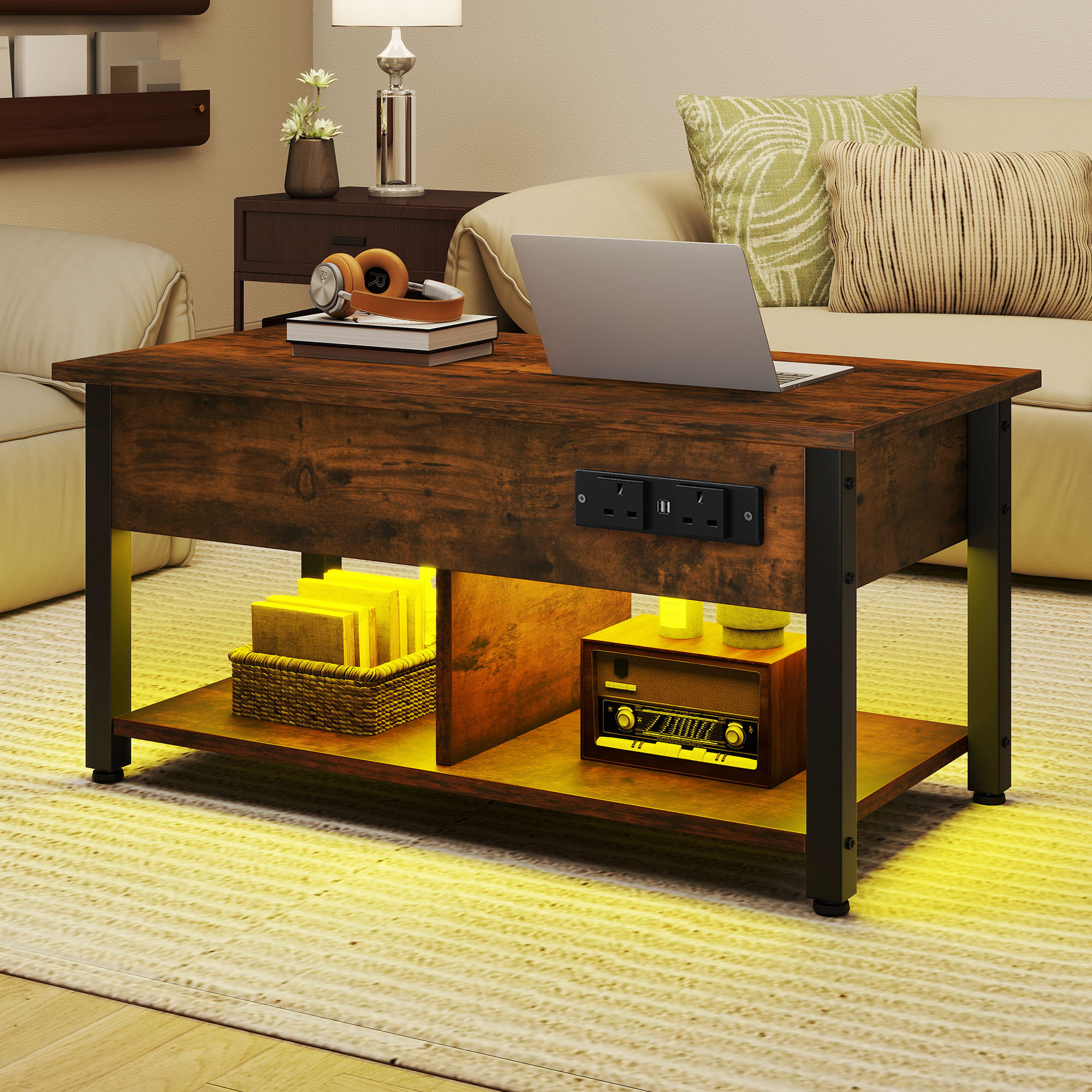 Metro Lane Lift-Top Coffee Tablewith 2-Tier Storage, Power Outlets ...