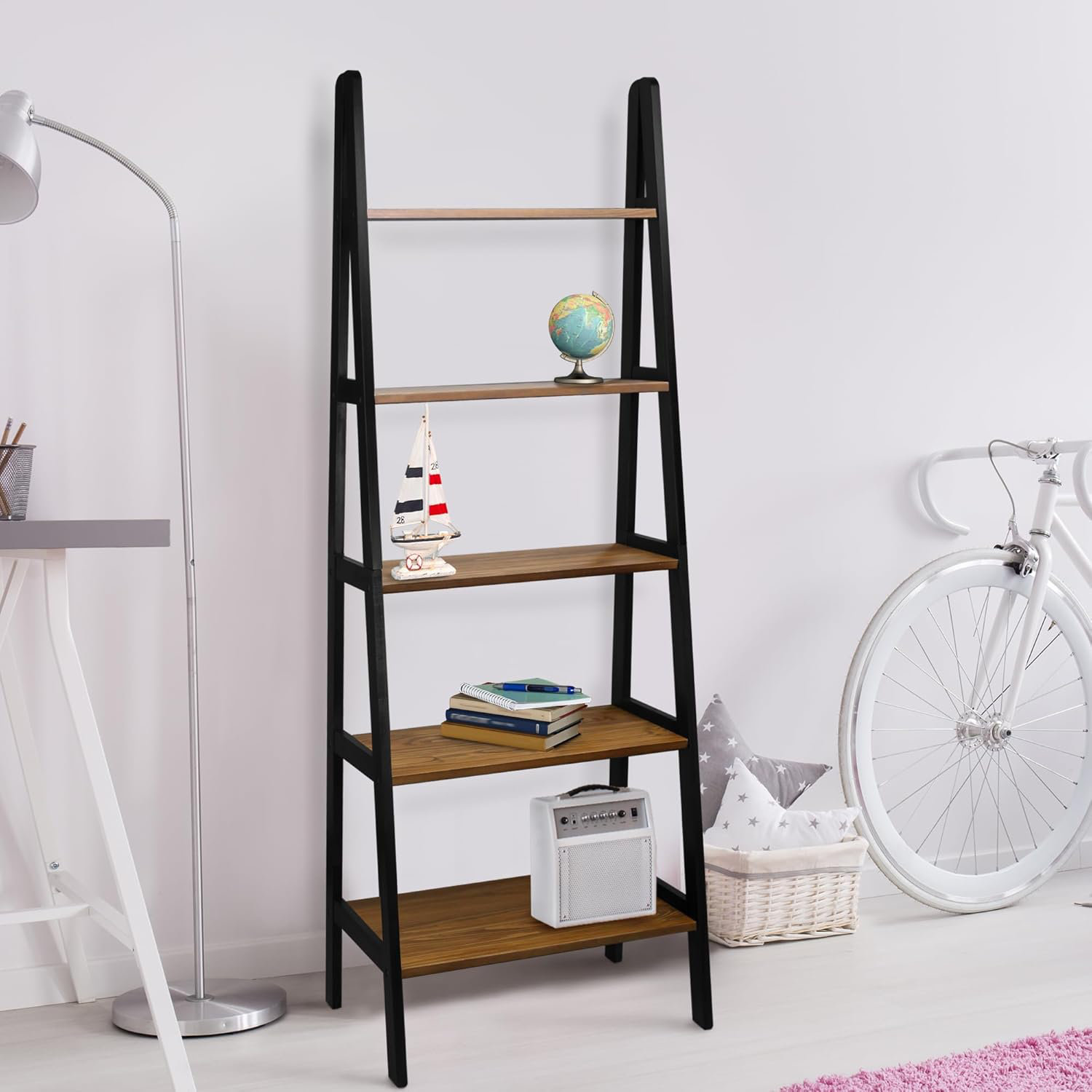 Latitude Run® Solid Pine 5-Shelf Ladder Bookcase With Retractable ...