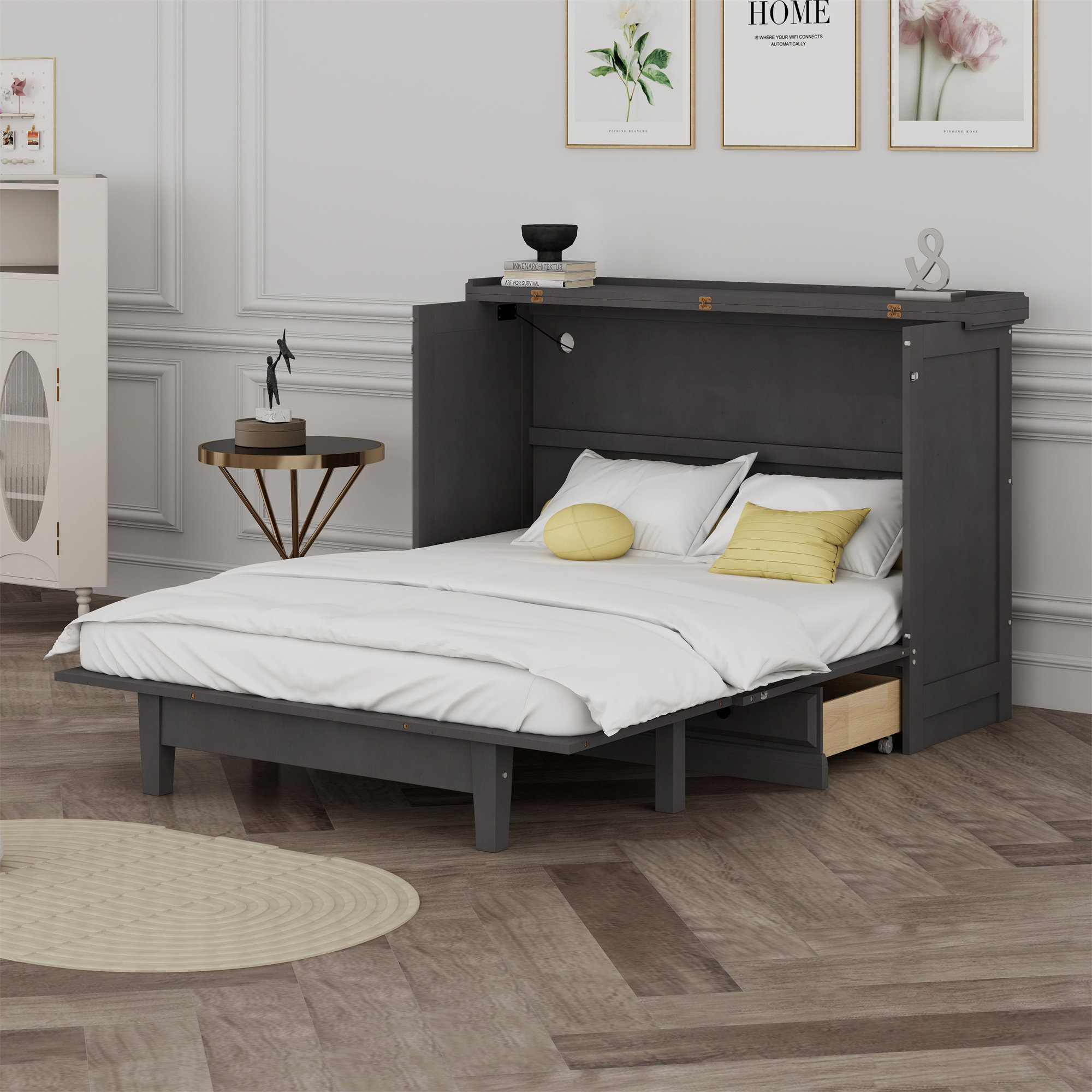 Gracie Oaks Farmhouse Style Wood Murphy Bed Chest Cube Cabinet Bed With ...