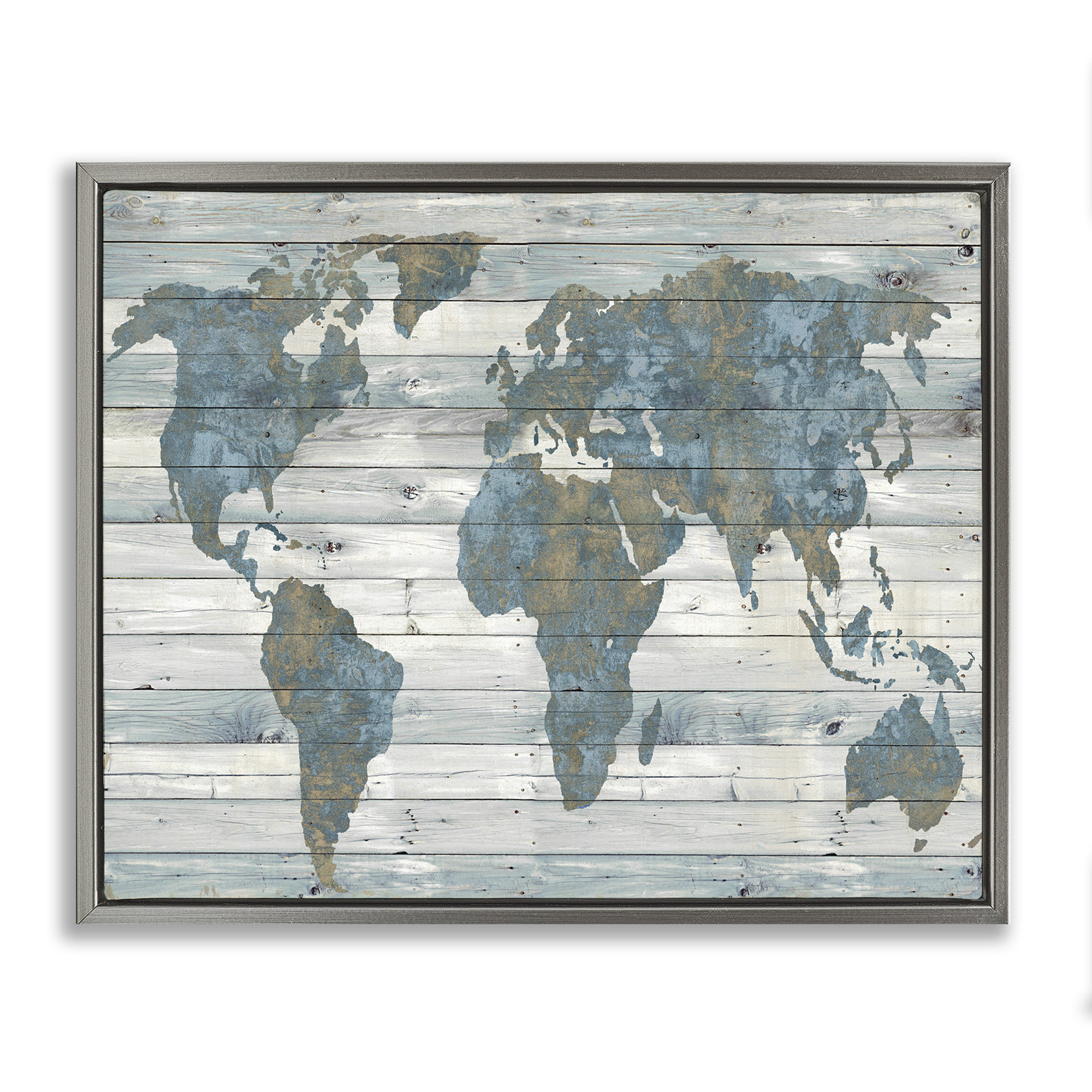 Williston Forge Slate Blue & Tan World Map Framed Floater Canvas Wall ...