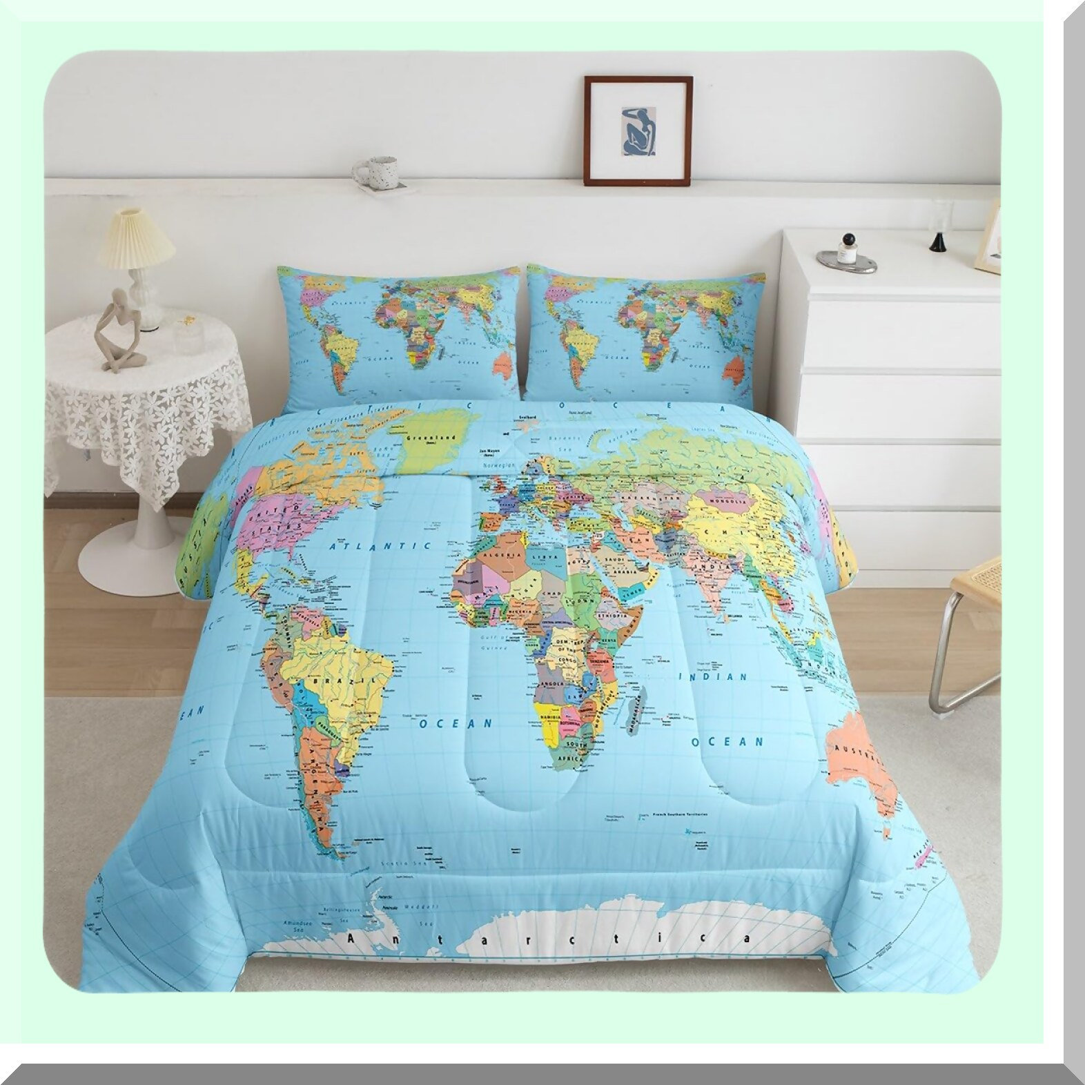 Hokku Designs Geography Dream Comforter Set - 3D World Map Bedding with ...