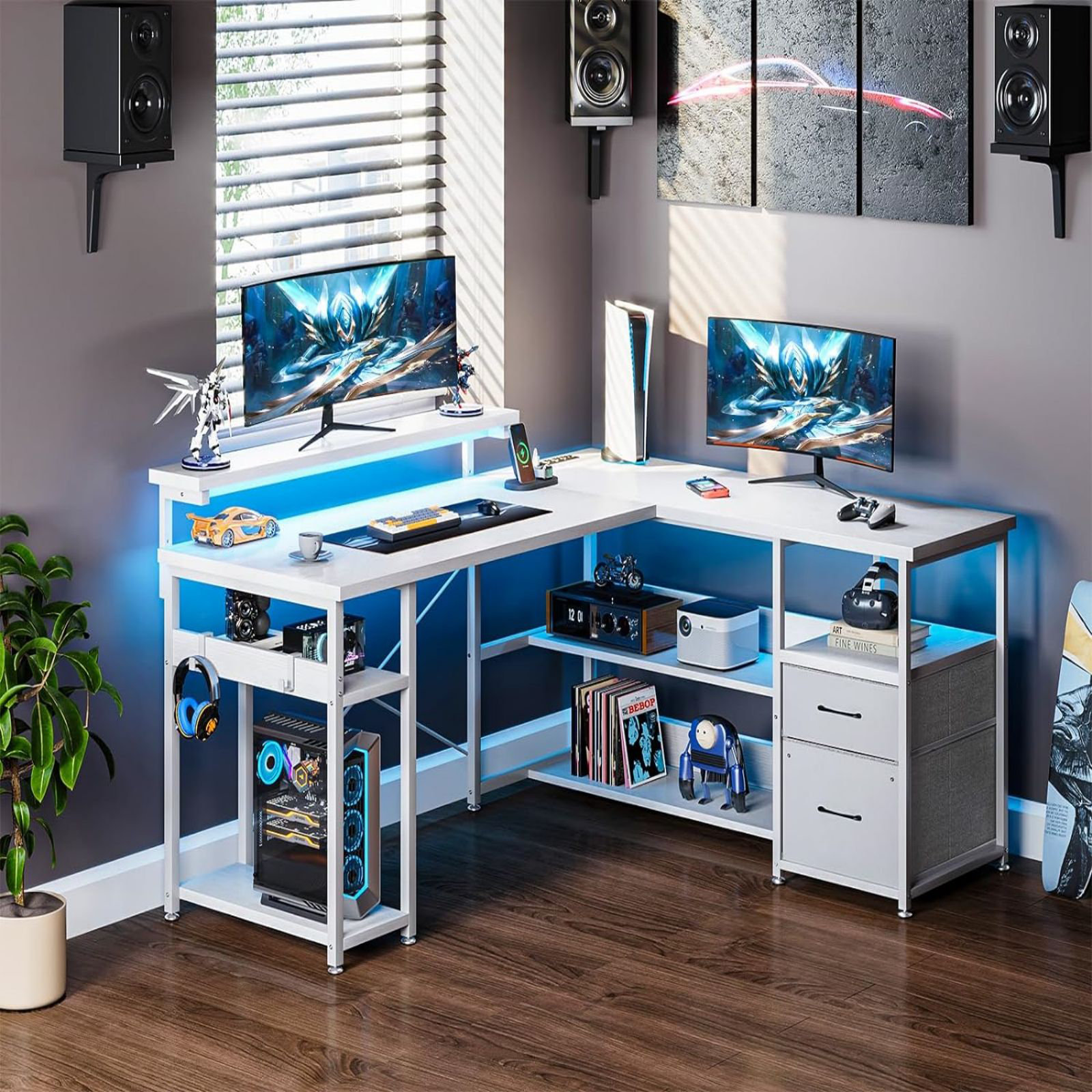 Inbox Zero L Shaped Gaming Desk with File Drawers, Reversible Computer ...