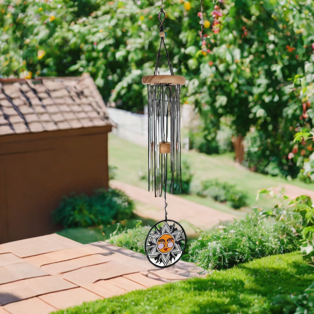 Arlmont & Co. 20" Long Mini Sun Face Wood Top Wind Chime | Wayfair