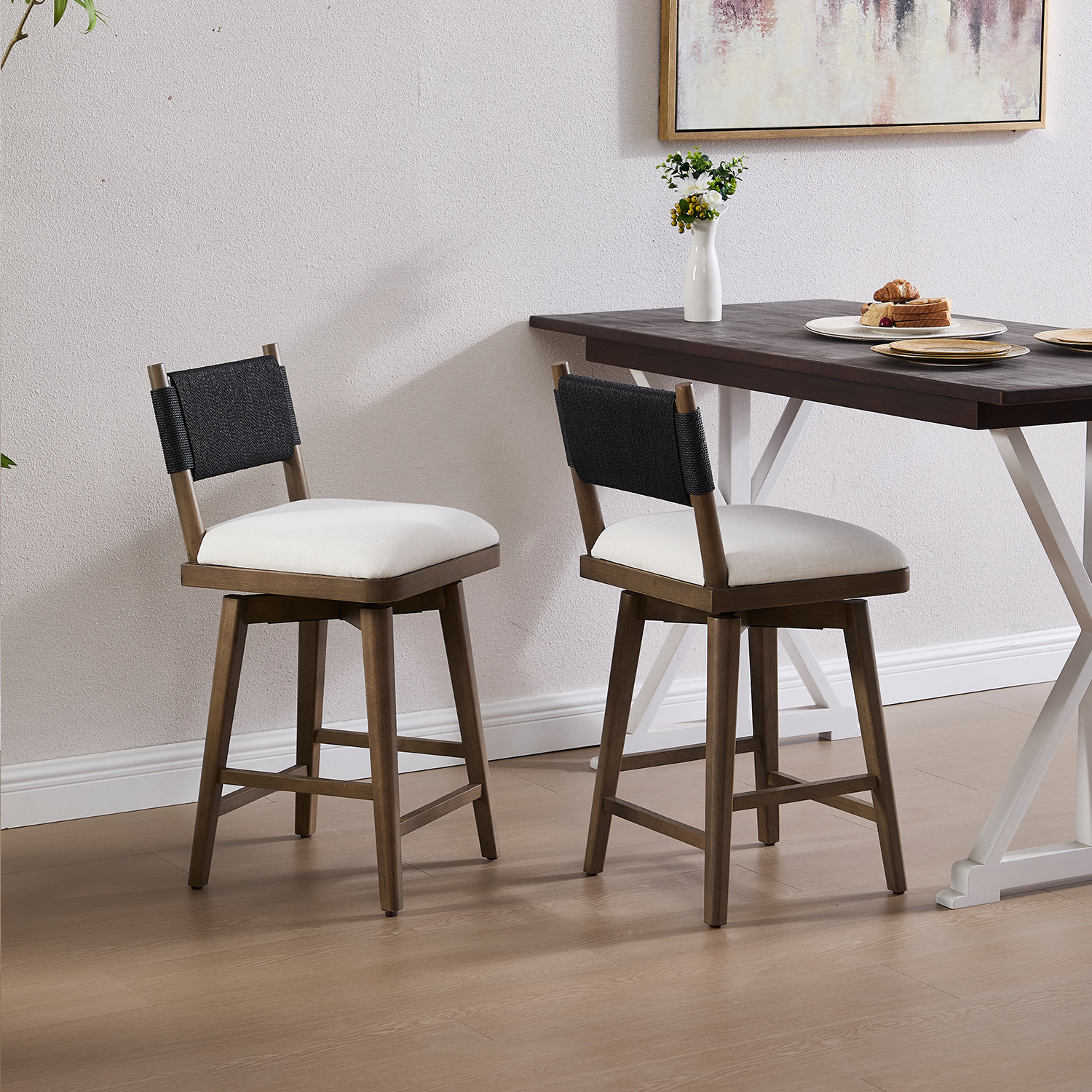 One Allium Way Modern Rustic Swivel Solid Wood Barstool With Twine ...