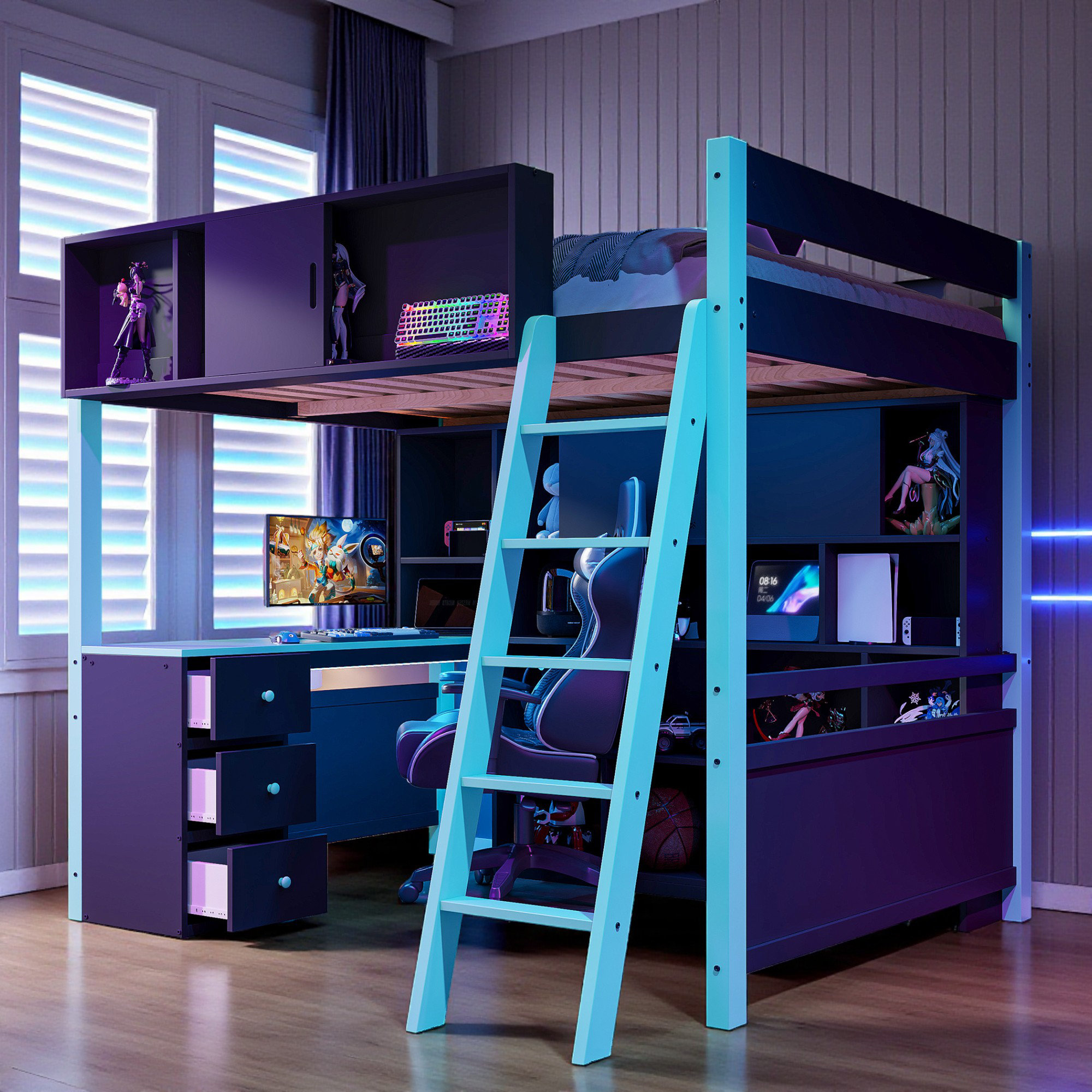 Harriet Bee Full Size Loft Bed, Built-In Desk and Full-Back Shelving ...