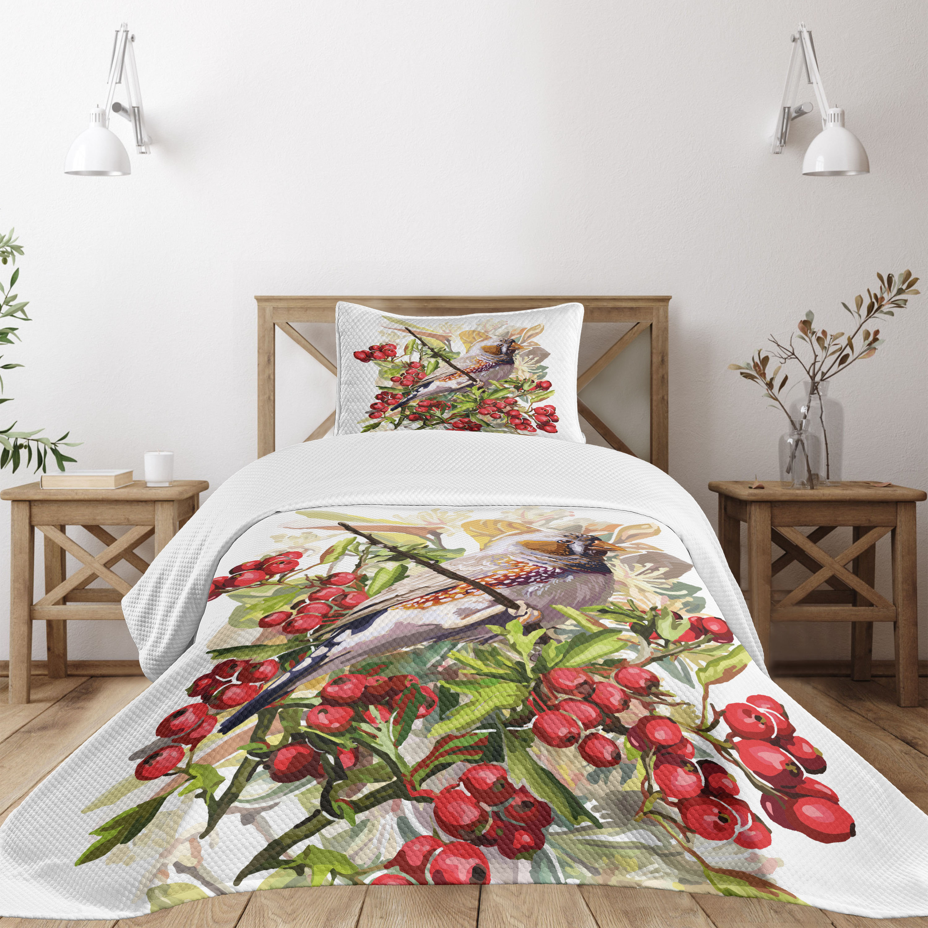 Ambesonne Rowan Bedspread Set Colorful Bird and Shrubs Multicolor | Wayfair