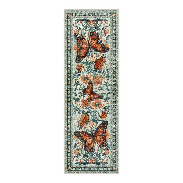 Rosalind Wheeler Washable Maximalist Floral Butterfly Rug – Non-Slip ...