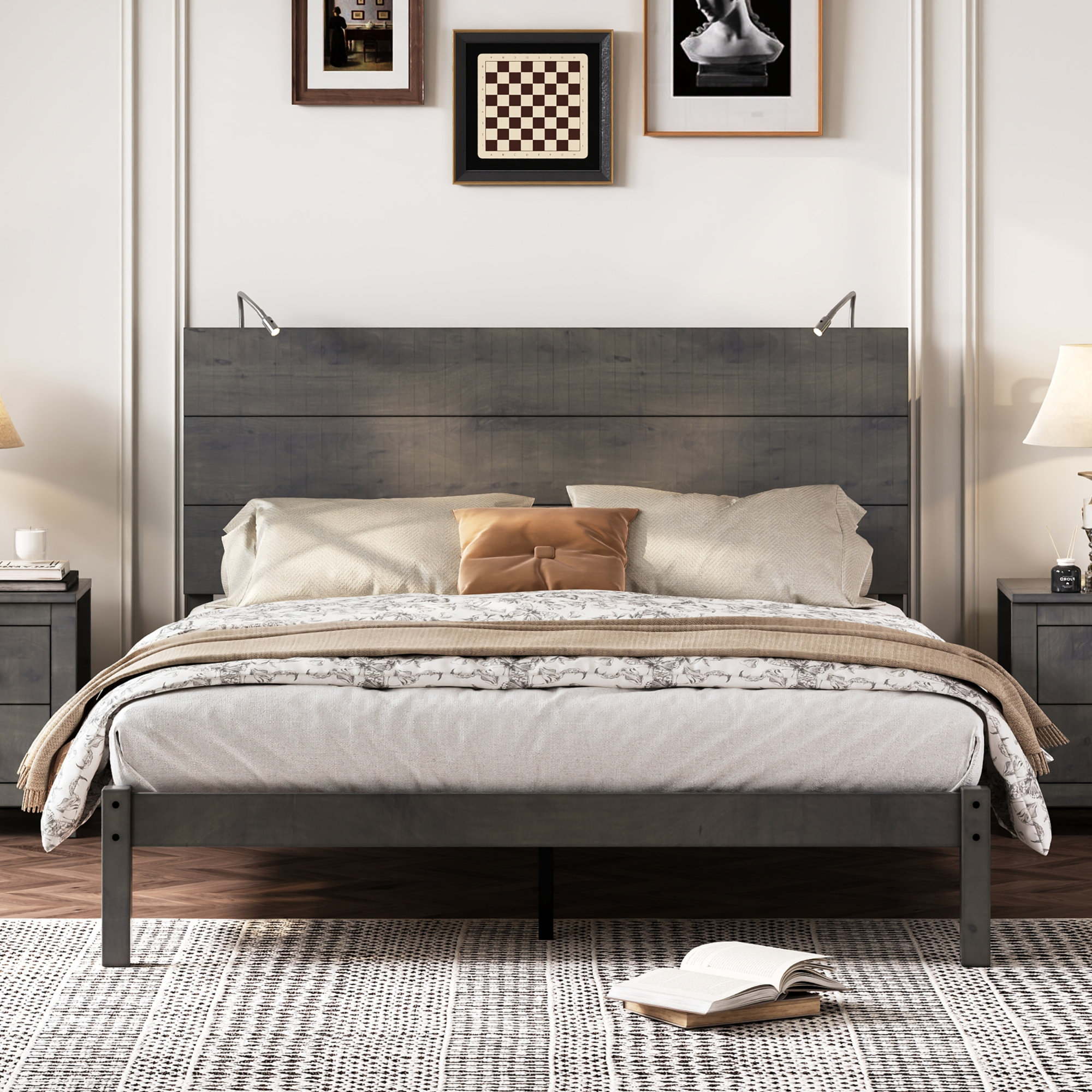 Gracie Oaks Rustic queen platform bed: farmhouse charm in antique gray ...